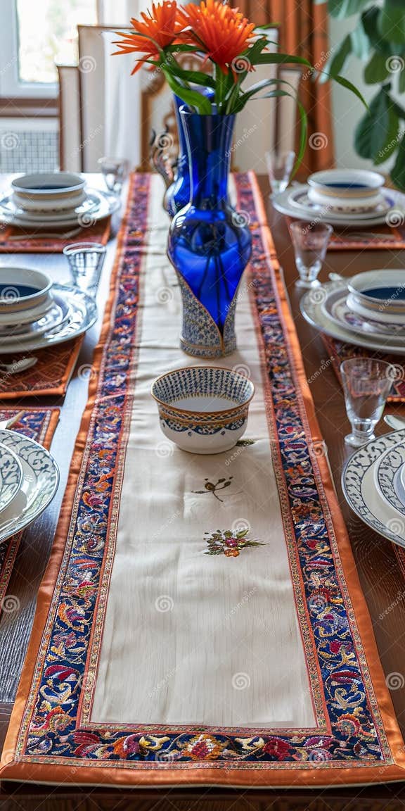 Islamic-inspired Table Runners with Embroidered Borders Stock ...