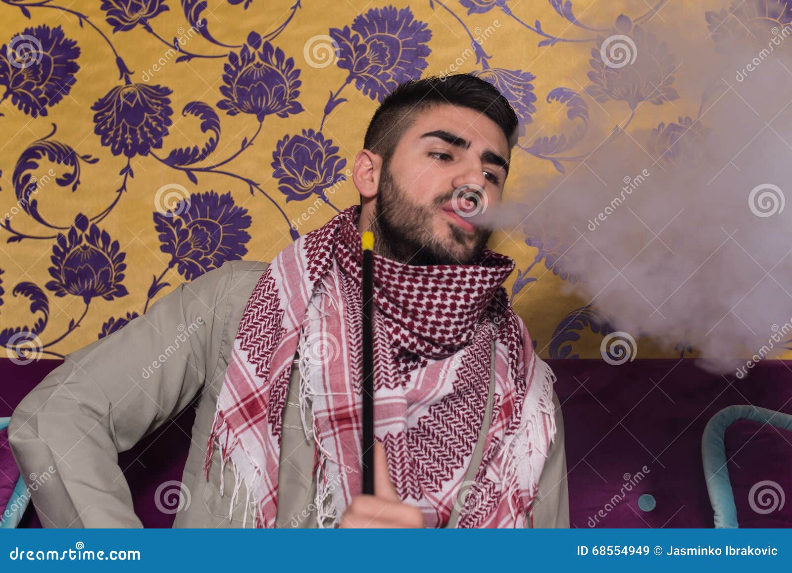 Islamic Man Smoking Shisha In The Arabic Cafe Stock Image Image Of