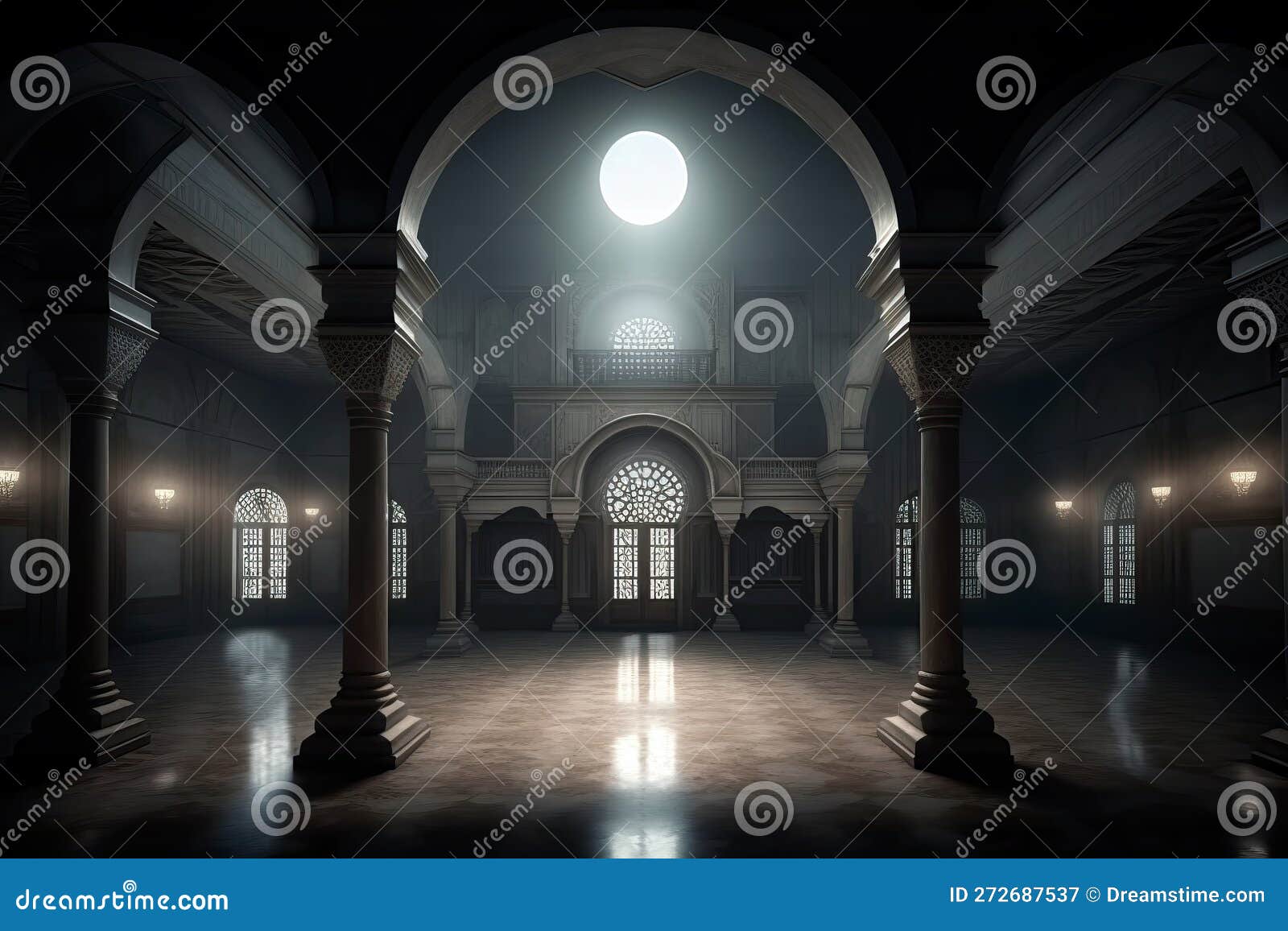 An Islamic Mosque Interior Illuminated by Moonlight. Islamic Concept ...