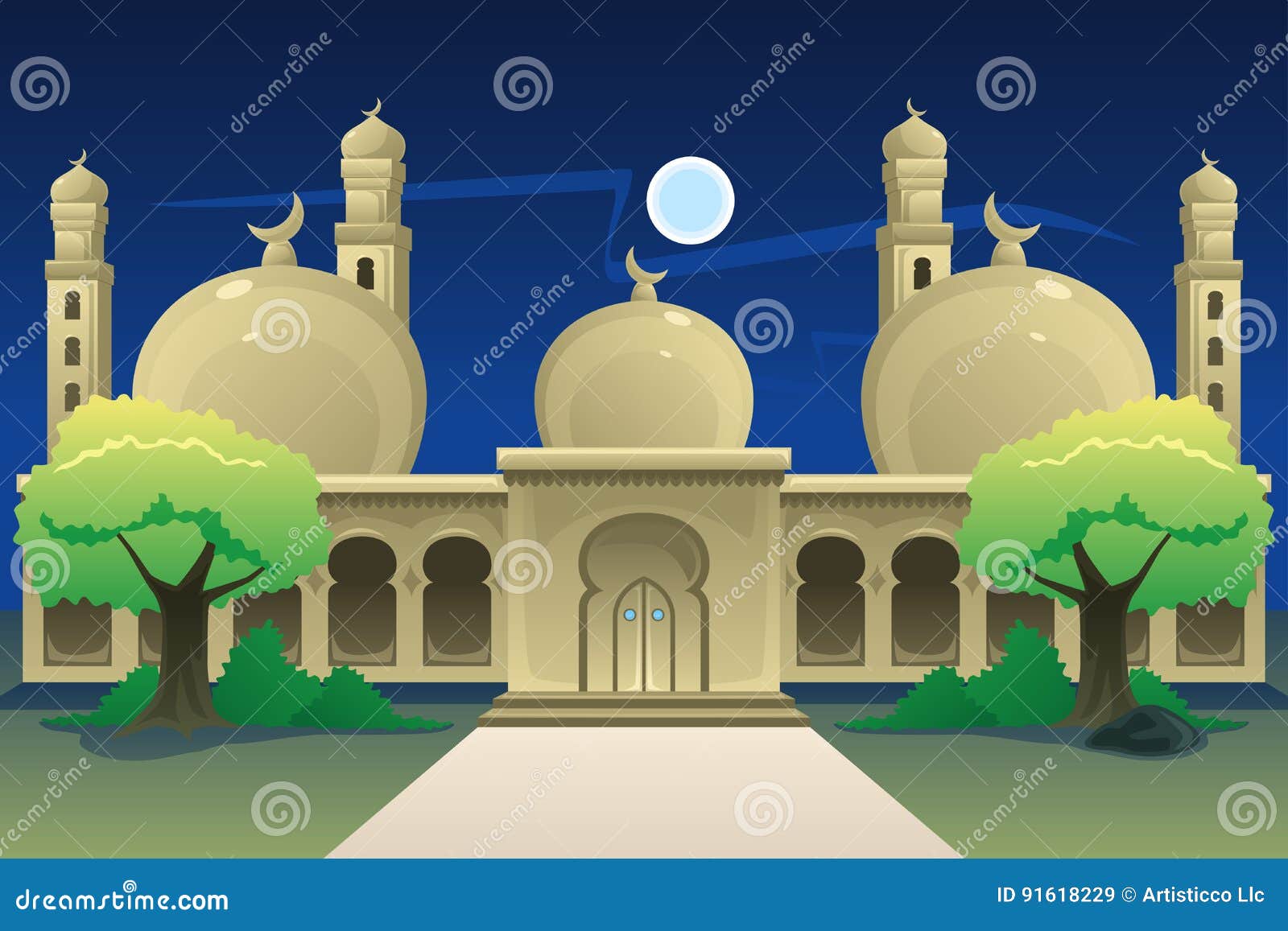 Islamic Mosque at Night Time Stock Vector - Illustration of religious ...