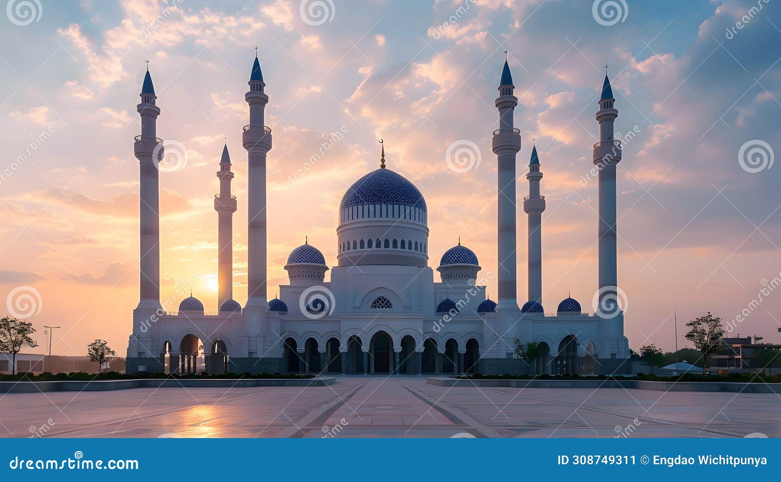 Islamic Mosque At Sunset With Panoramic Sky-Blue And White View Royalty ...