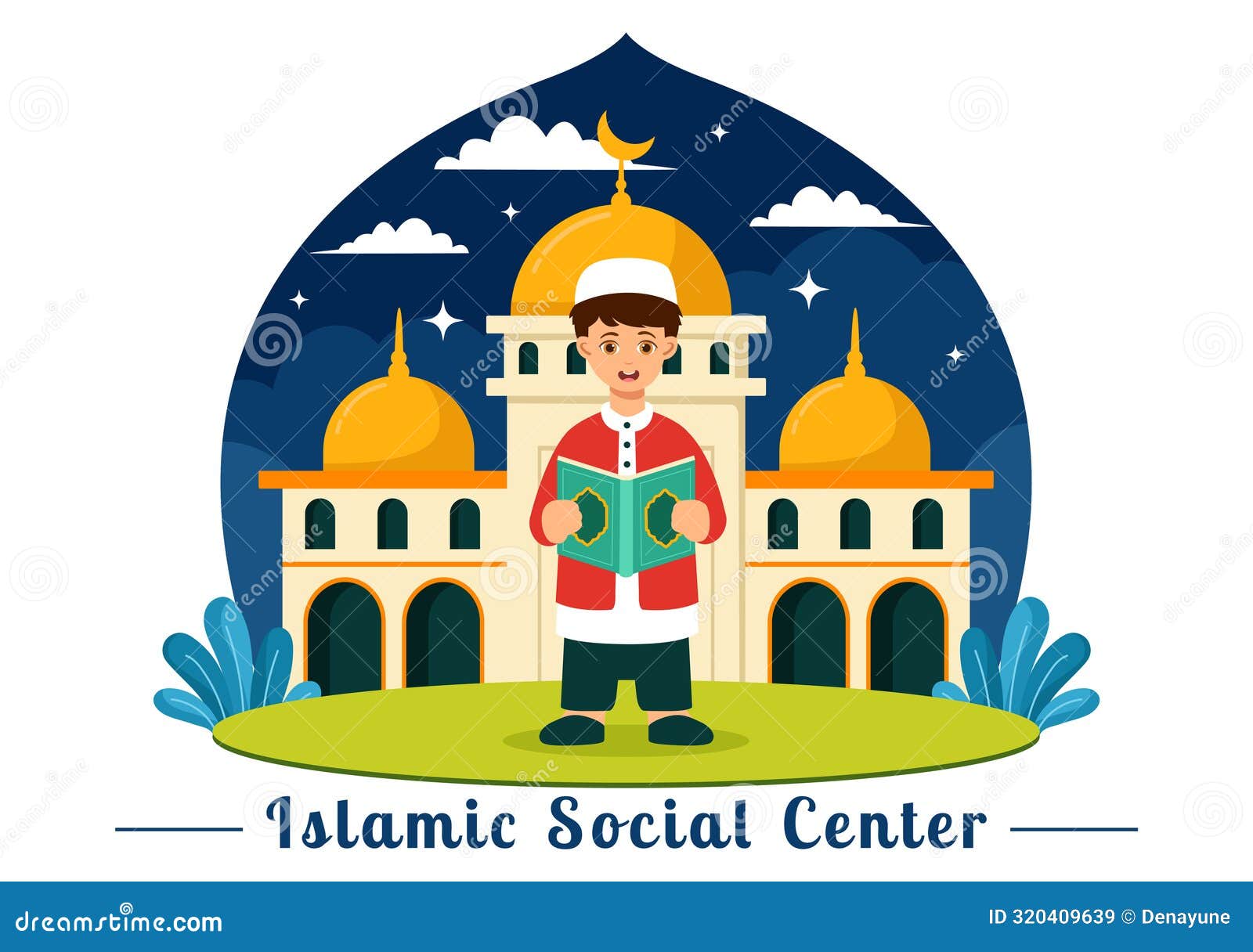 Islamic Social Center Vector Illustration Featuring Mosques ...