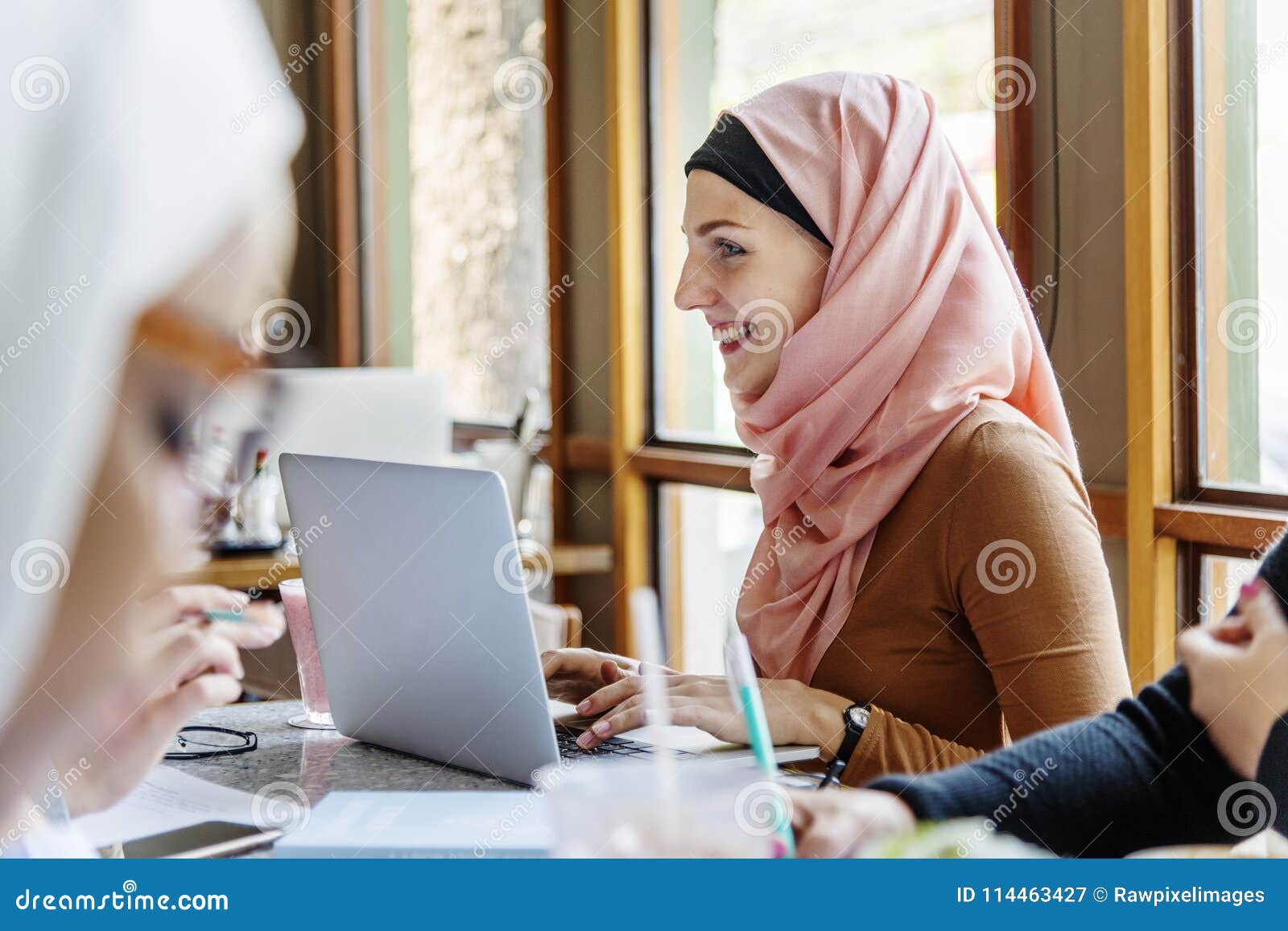 Islamic Women Working Together with Happiness Stock Image - Image of ...