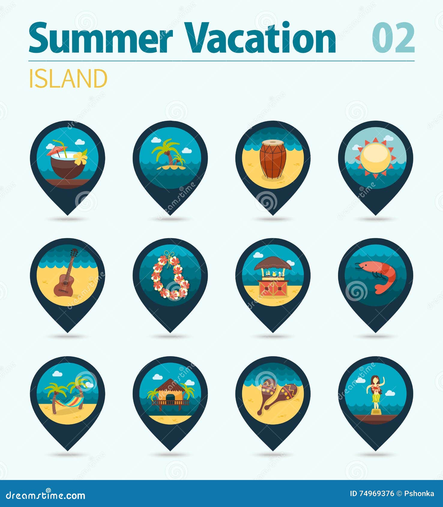 Island Beach Pin Map Icon Set. Summer. Vacation Stock Vector ...
