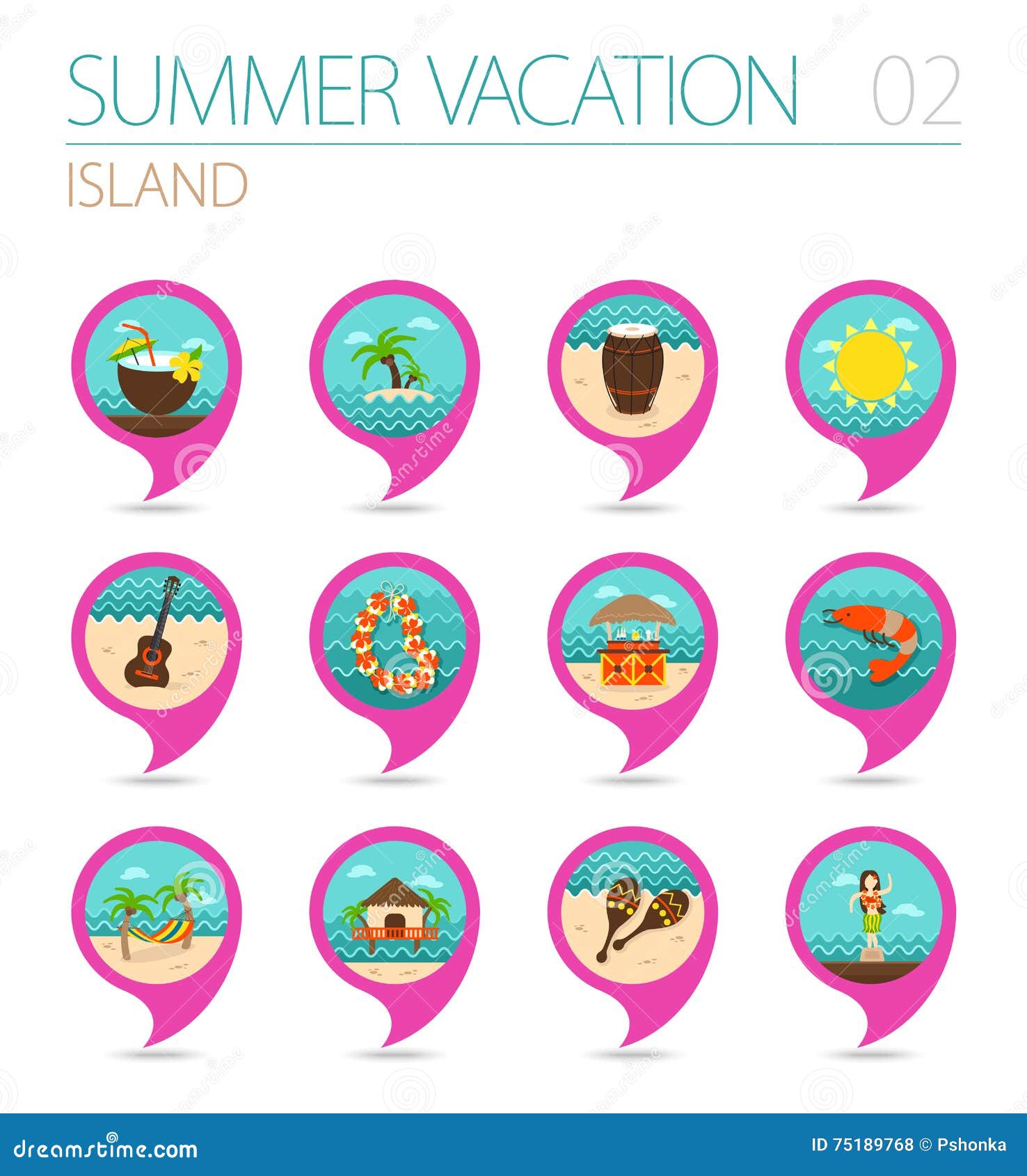 Island Beach Pin Map Icon Set. Summer. Vacation Stock Illustration ...