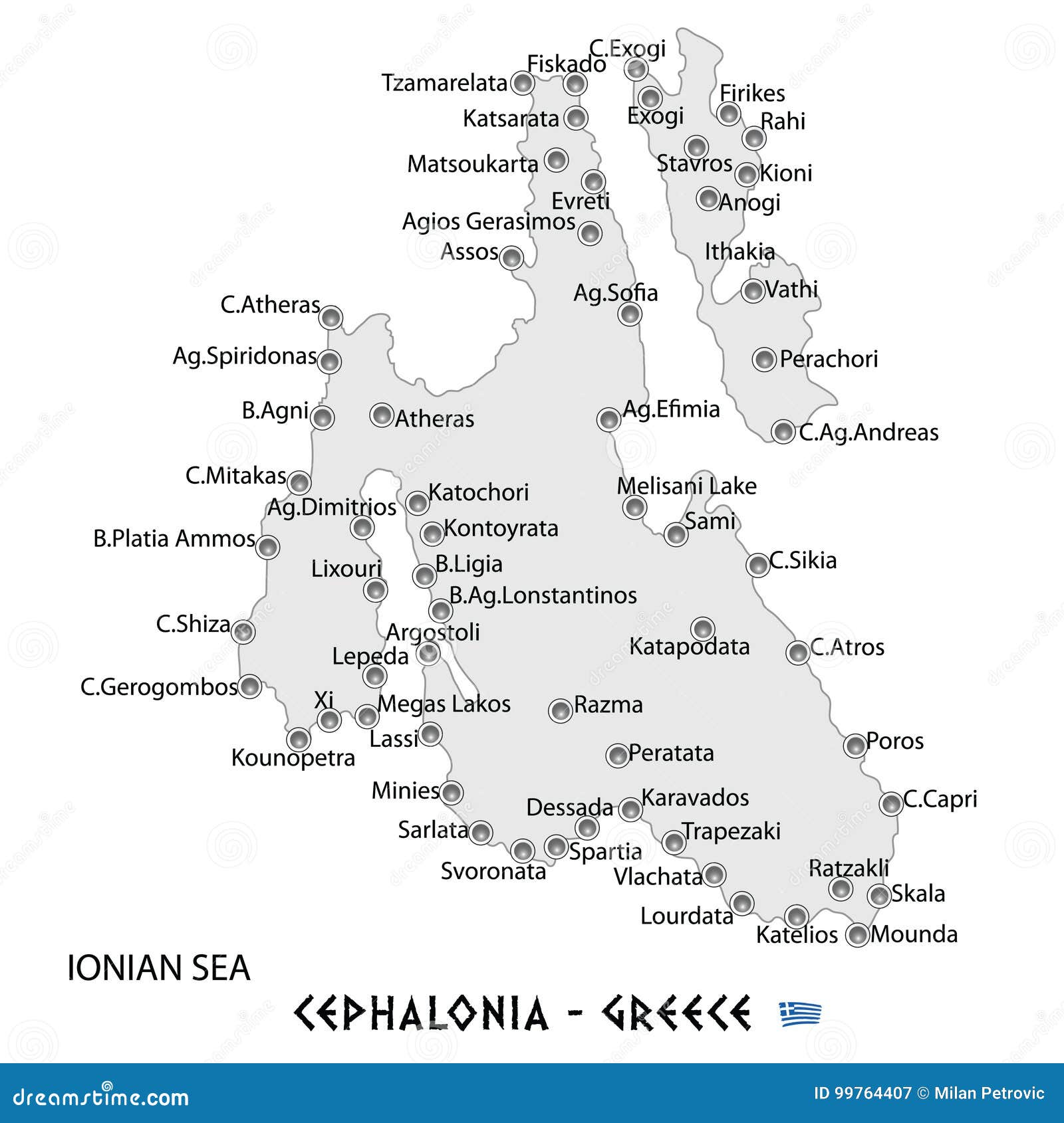 Island Of Cephalonia In Greece White Map And Blue Background Ill Vector ...