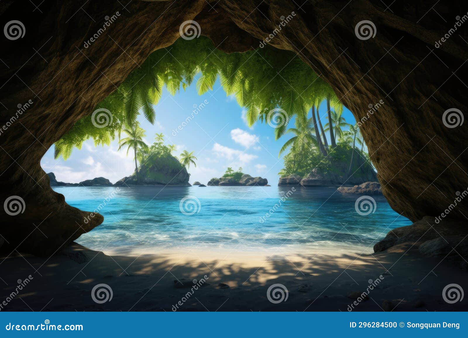 An Island with Palm Trees and Sand Beach Viewed from a Cave. Stock ...