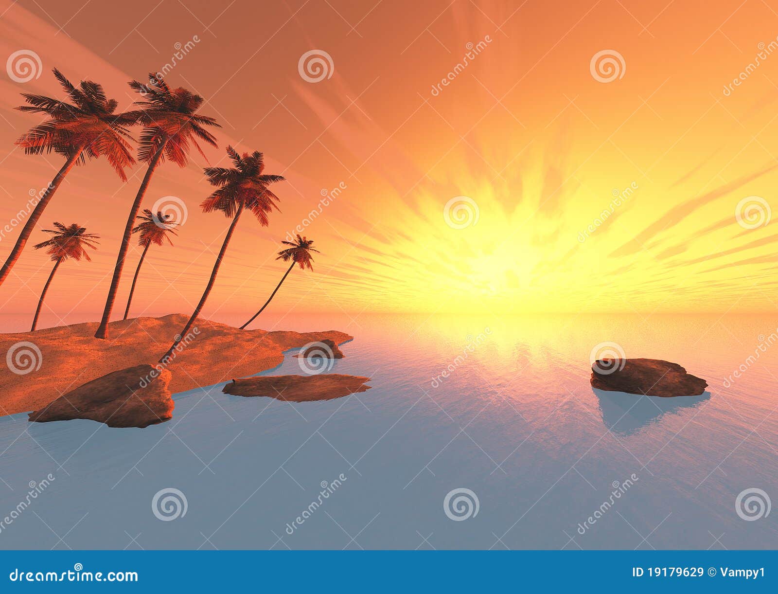 Island with Palm Trees at Sunset Stock Illustration - Illustration of ...