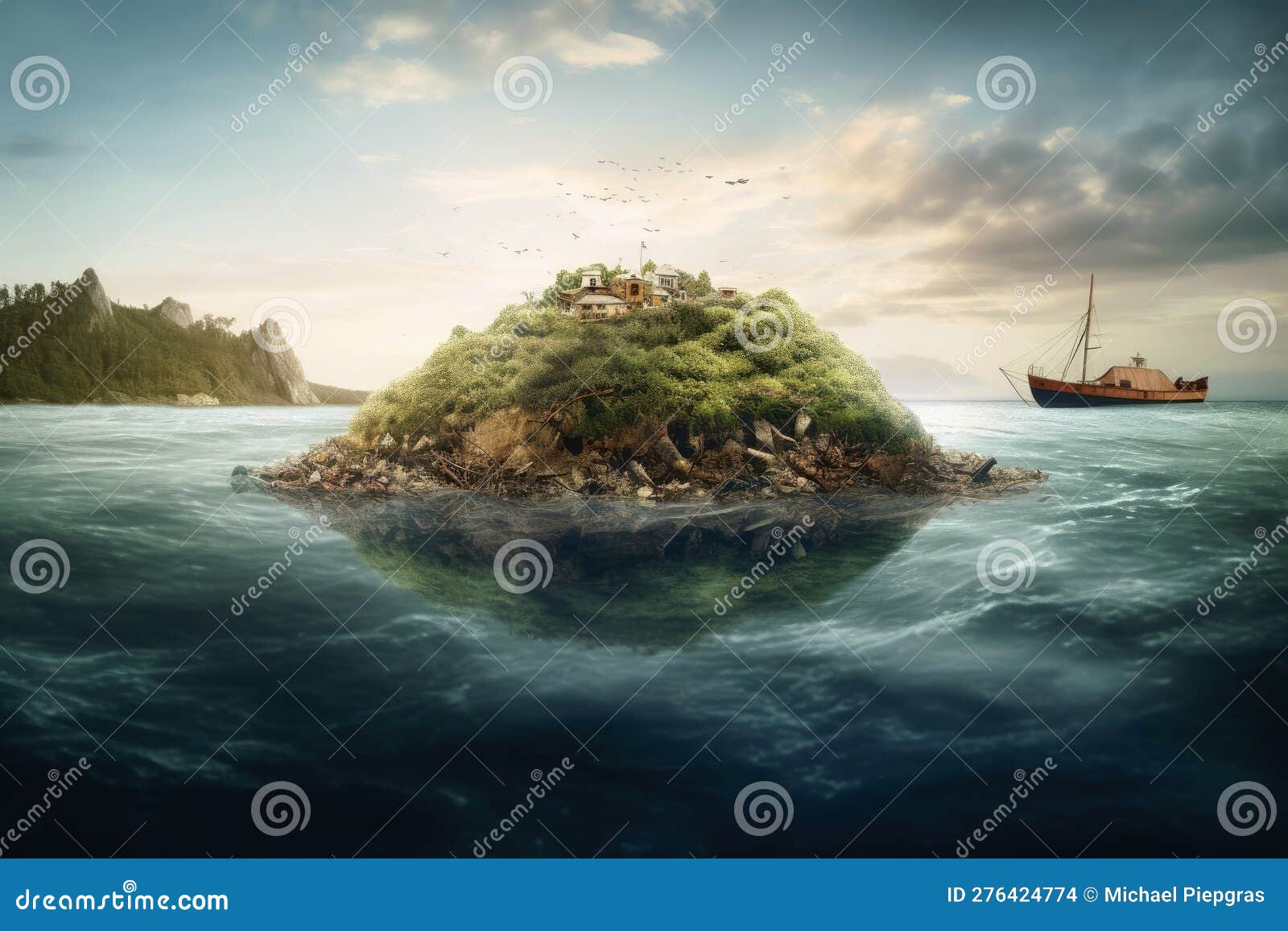 An Island of Plastic Waste Floating in the Ocean Created with ...