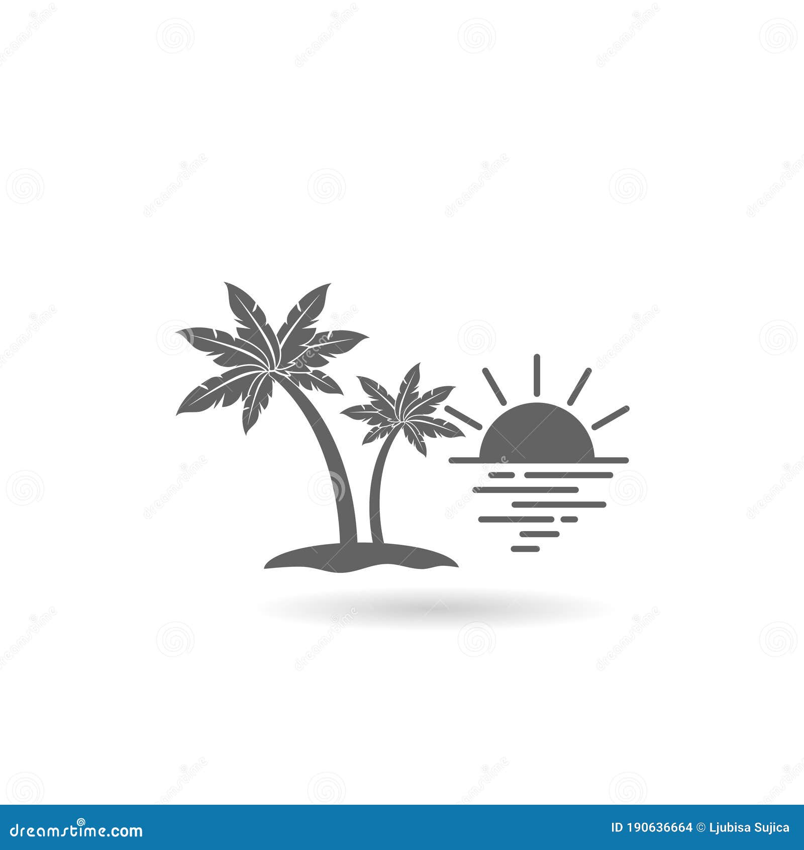 Island with Sun, Waves and Palm Tree Icon with Shadow Stock Vector ...