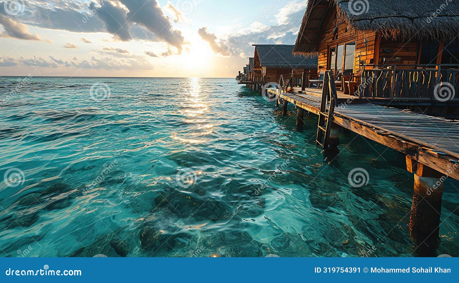 Island with Transparent Water and Resorts Landscape Background Stock ...