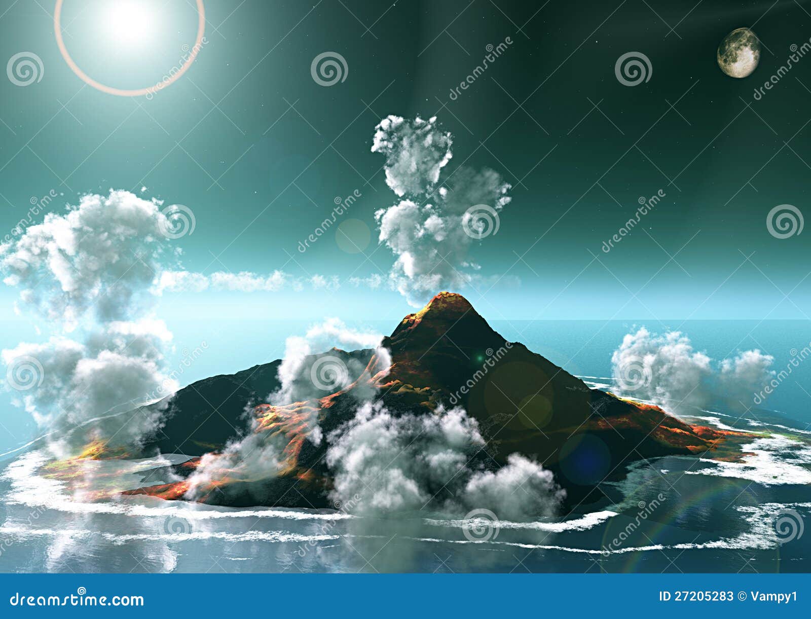 Island volcanic eruption stock illustration. Illustration of lava ...