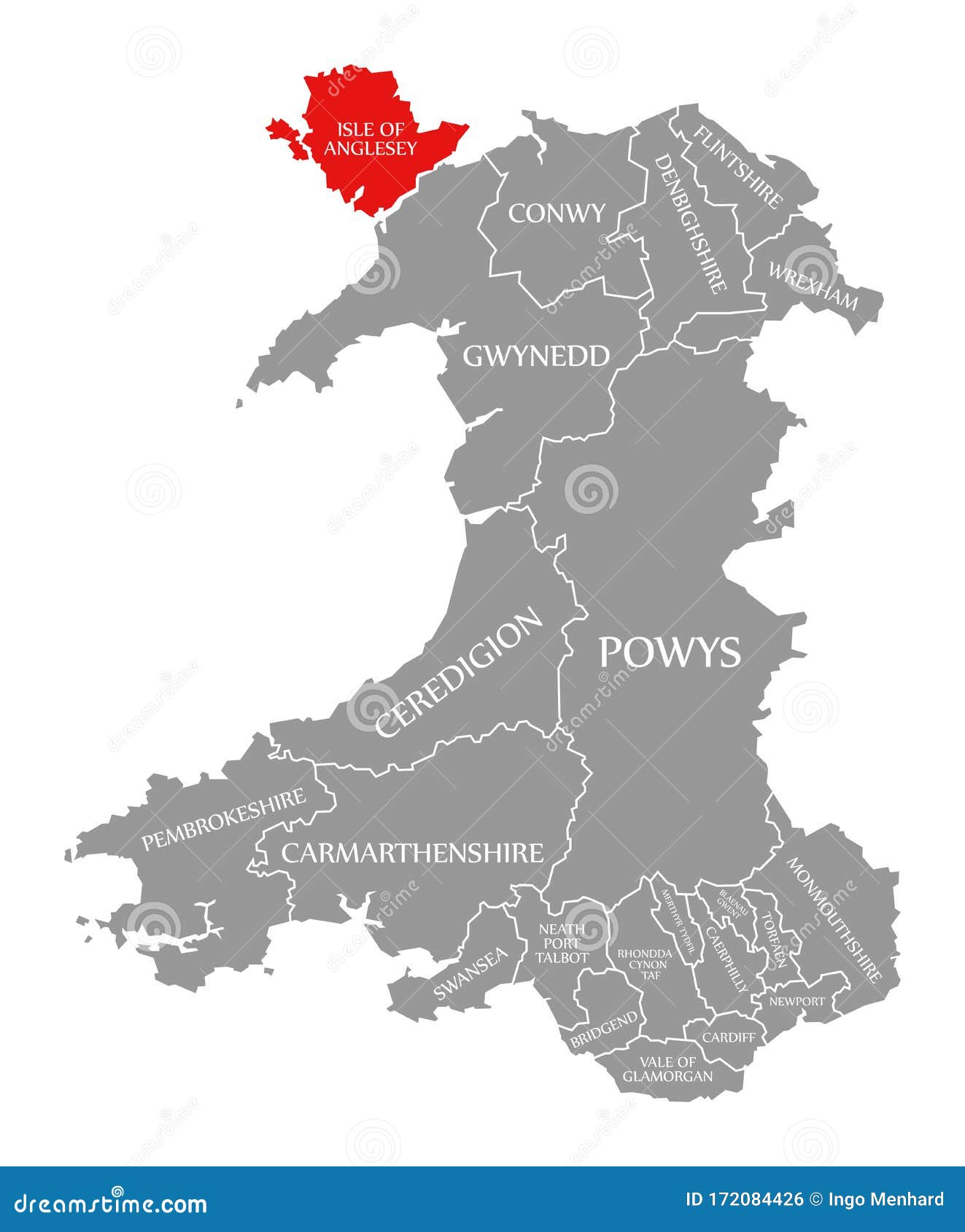 Isle of Anglesey Red Highlighted in Map of Wales Stock Illustration ...