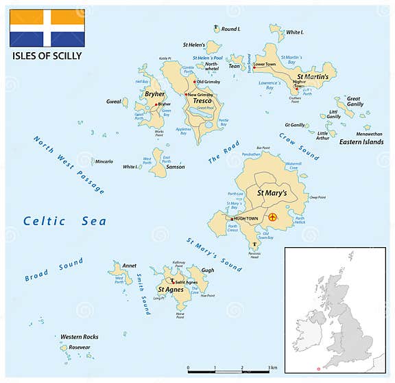 The Isles of Scilly Road Map with Flag Stock Illustration ...