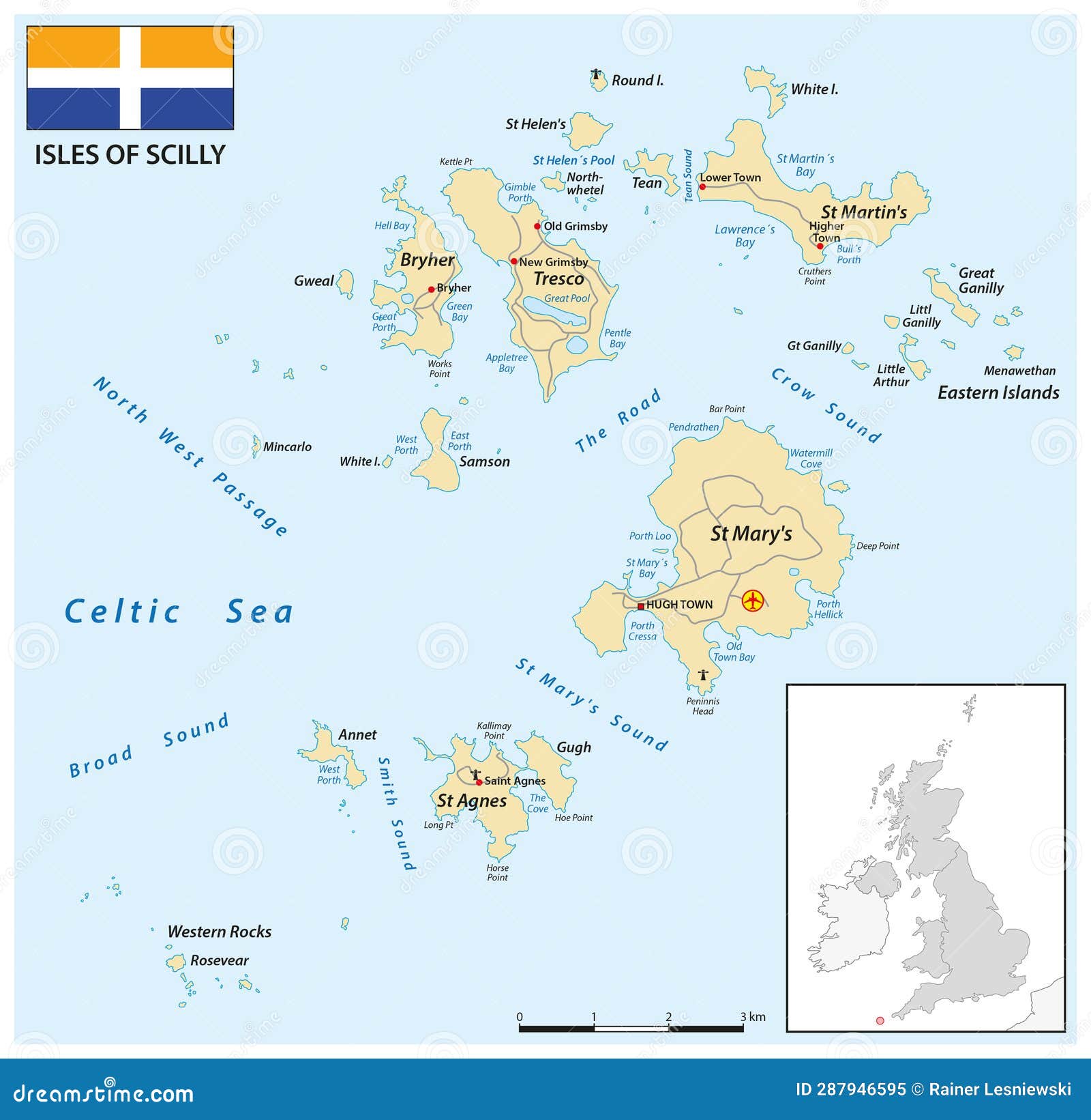 The Isles of Scilly Road Map with Flag Stock Illustration ...
