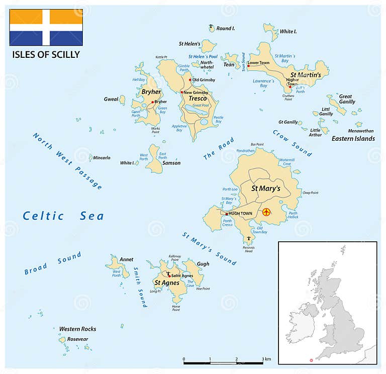 The Isles of Scilly Road Map with Flag Stock Illustration ...