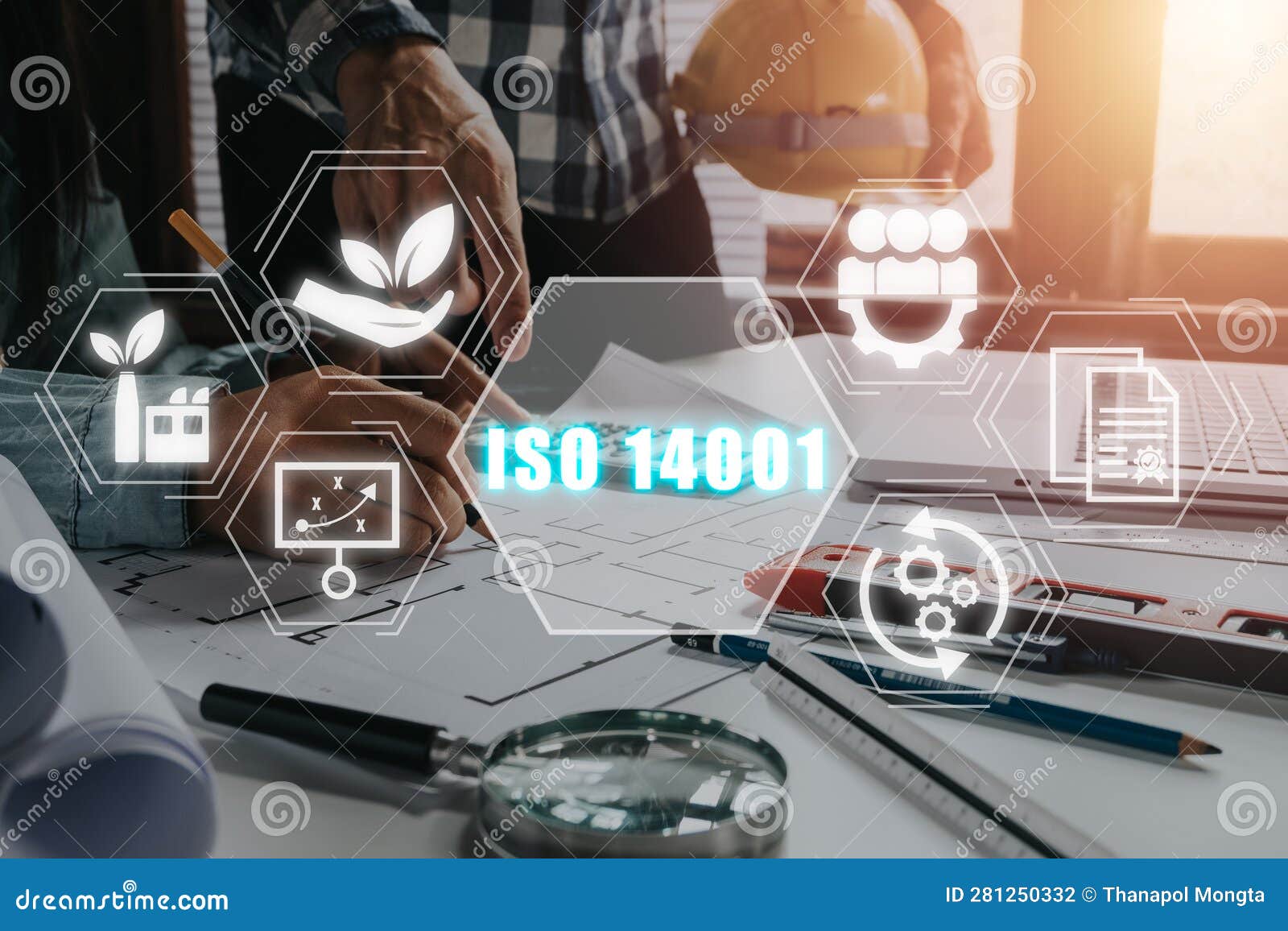 Engineer Team Working on Office Desk with Iso 14001 Icon on Virtual ...