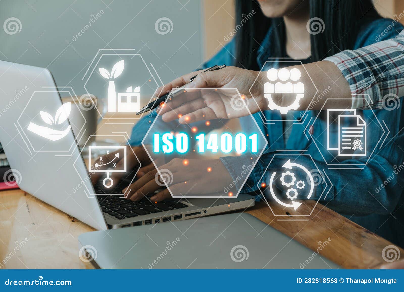Engineer Team Working on Office Desk with Iso 14001 Icon on Virtual ...