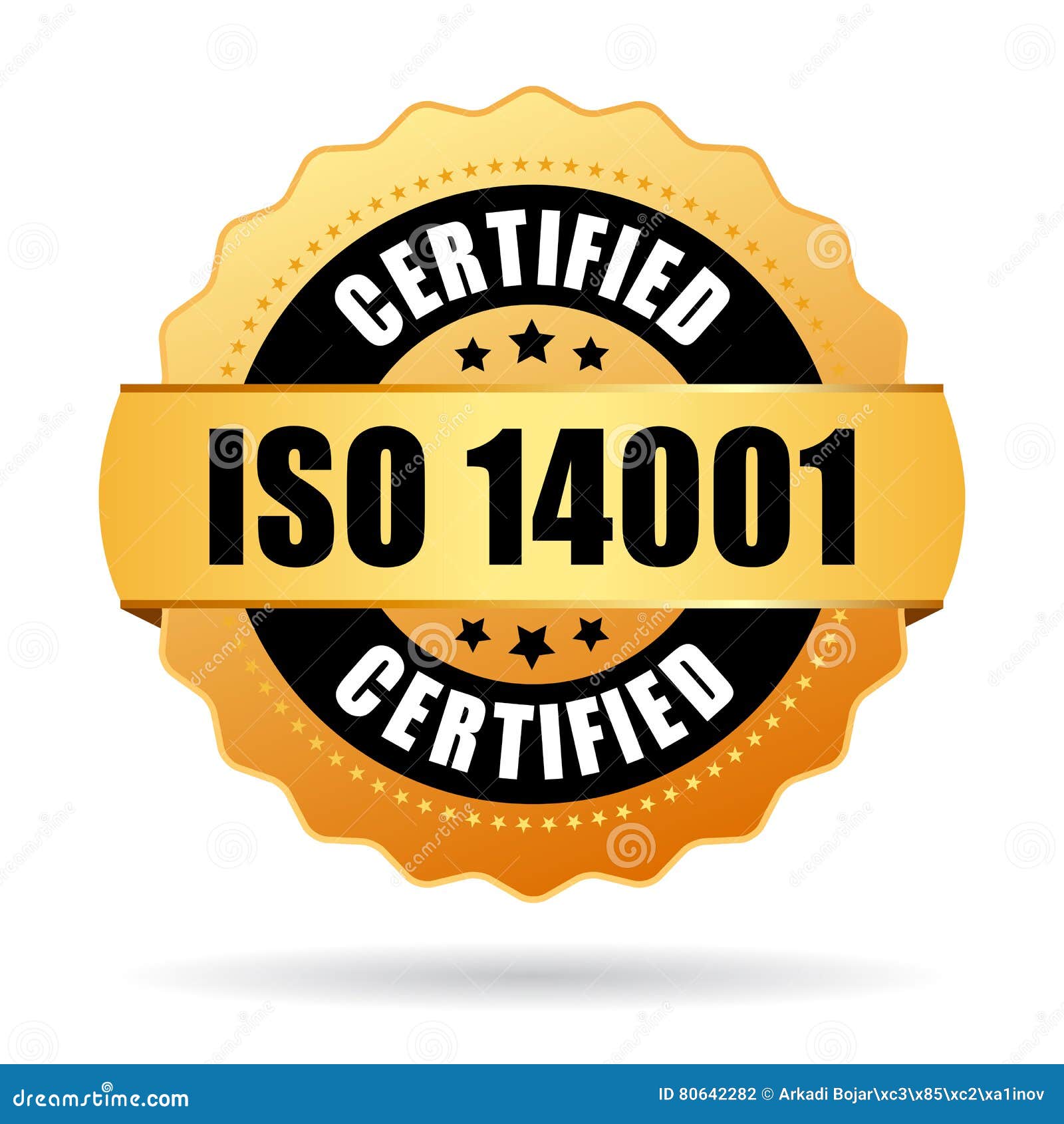 ISO 14001 Certified Golden Label On White Background. Vector ... ISO 14001 Certified Golden Label On White Background. Vector ...
