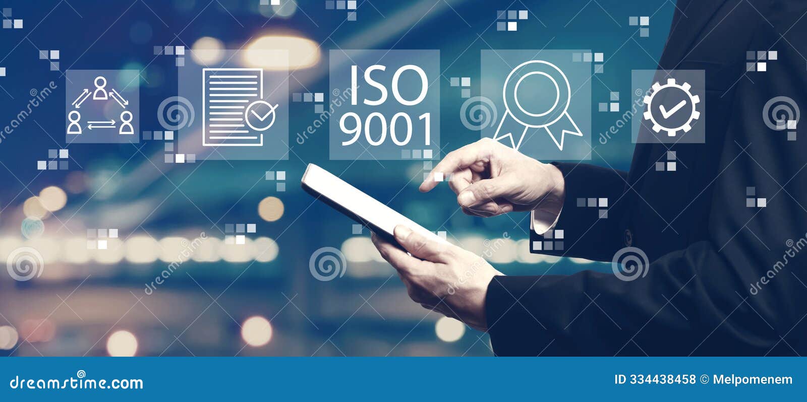 ISO 9001 Concept with Businessman Using a Tablet Stock Illustration ...