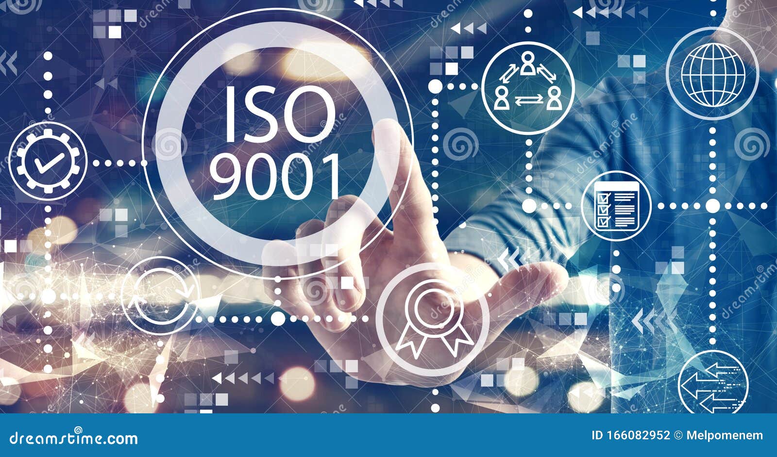 ISO 9001 Concept With A Man On City Background Stock Photo ...