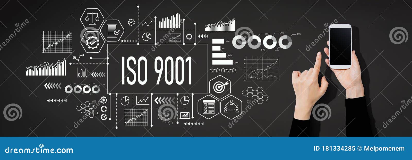 ISO 9001 Concept with Person Using a Smartphone Stock Illustration ...