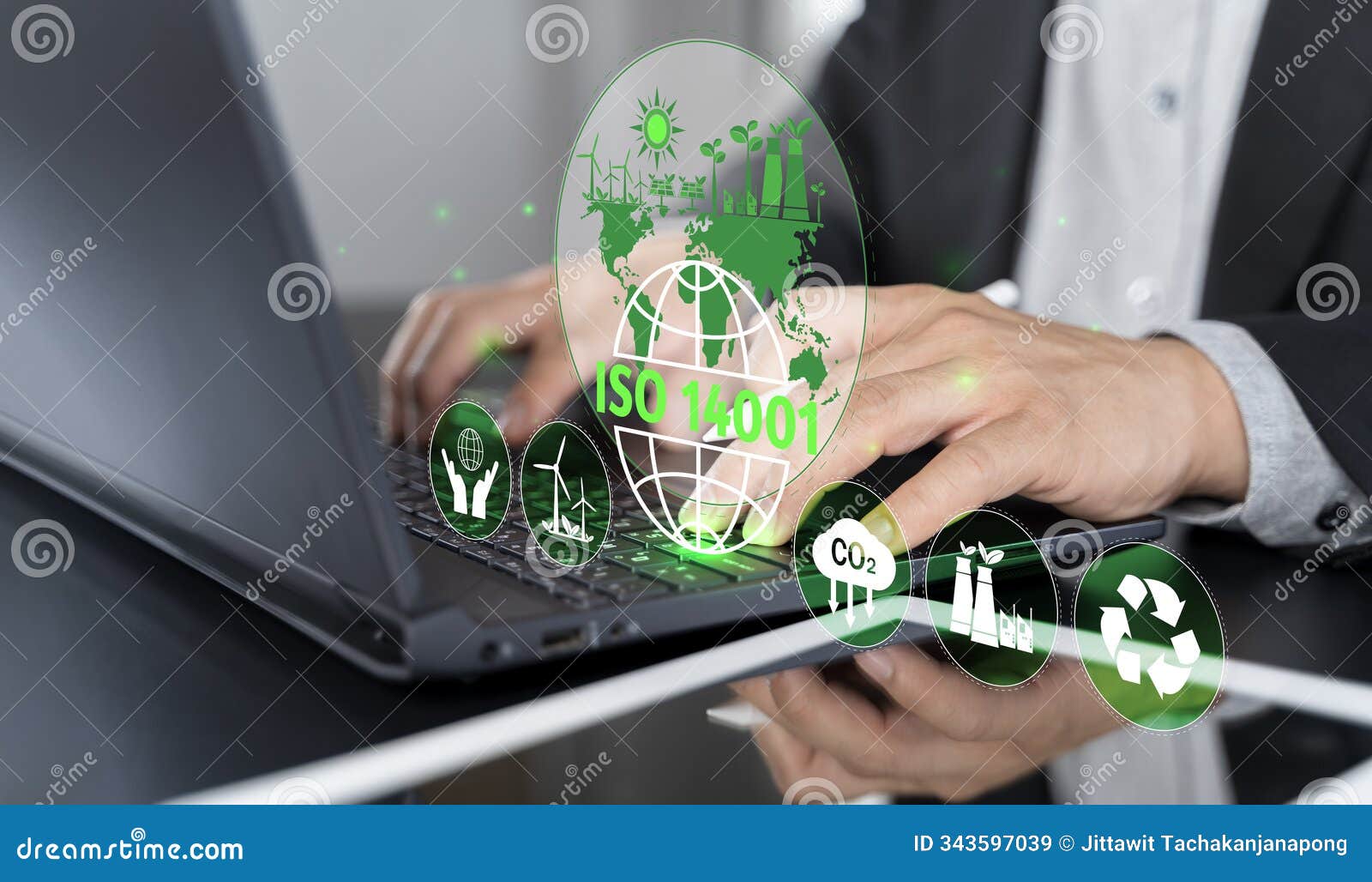 ISO 14001 Concept. Businessman Use Laptop With ISO 14001 Certified For ...