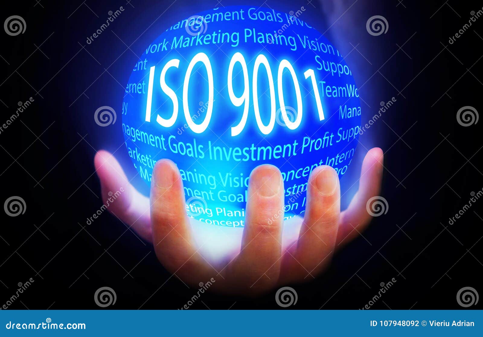 ISO 9001 Globe Blue Background Plan Color Stock Illustration ...