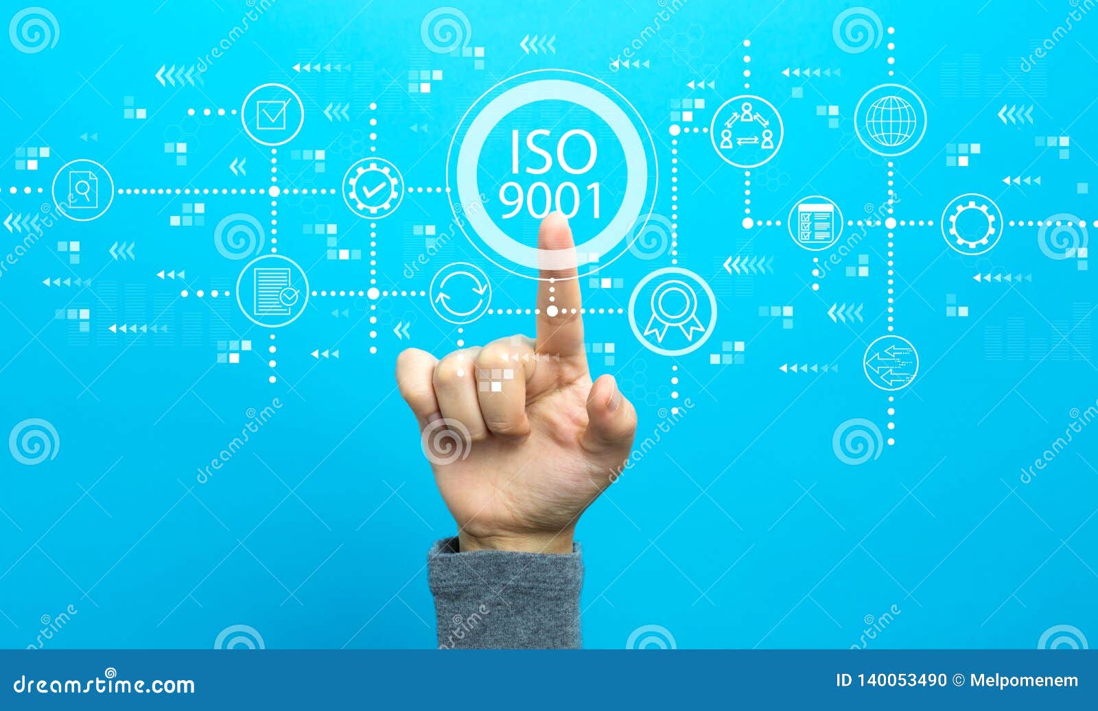 ISO 9001 with hand stock photo. Image of icons, hand - 140053490