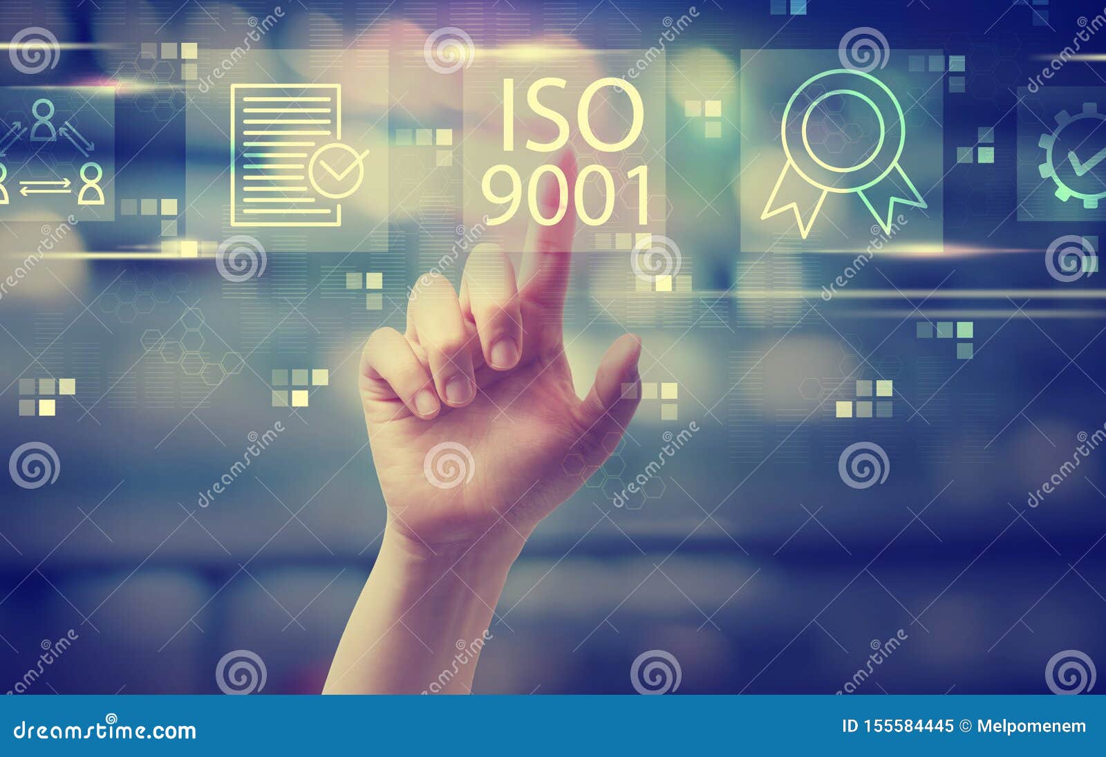 ISO 9001 with Hand Pressing a Button Stock Image - Image of certificate ...