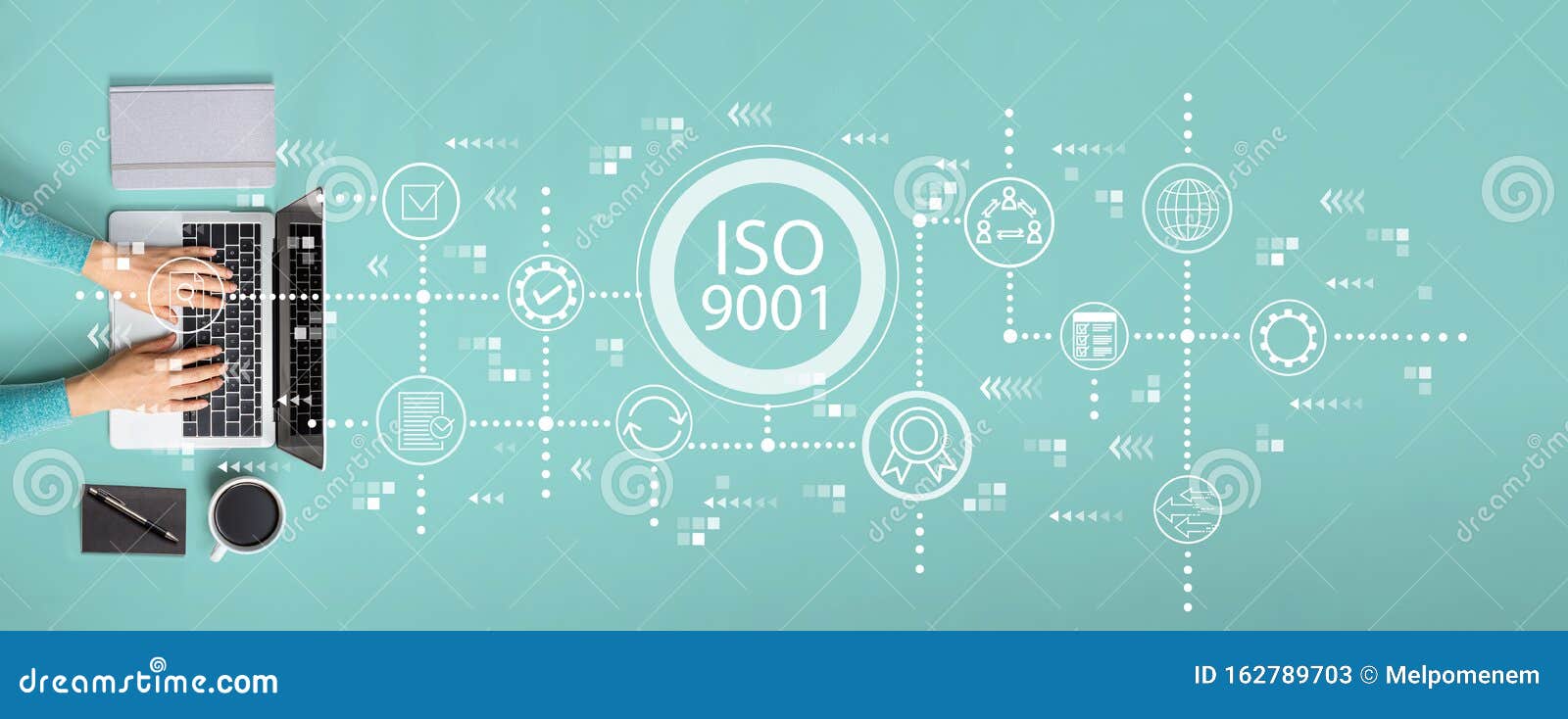 ISO 9001 with Person Using Laptop Stock Image - Image of certification ...