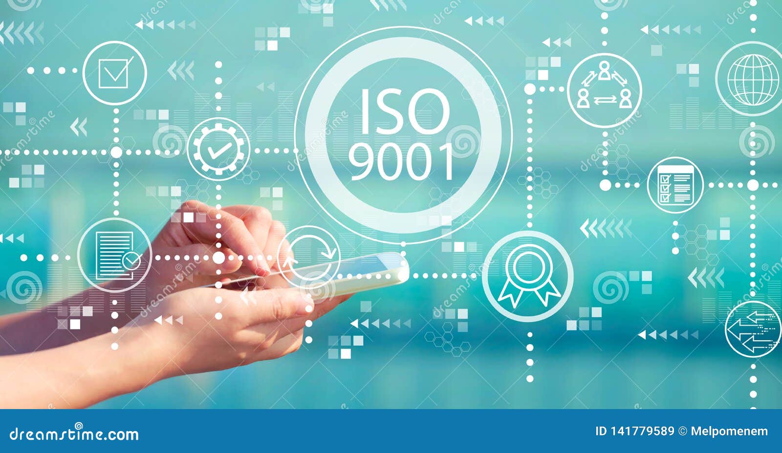 ISO 9001 with smartphone stock image. Image of digital - 141779589