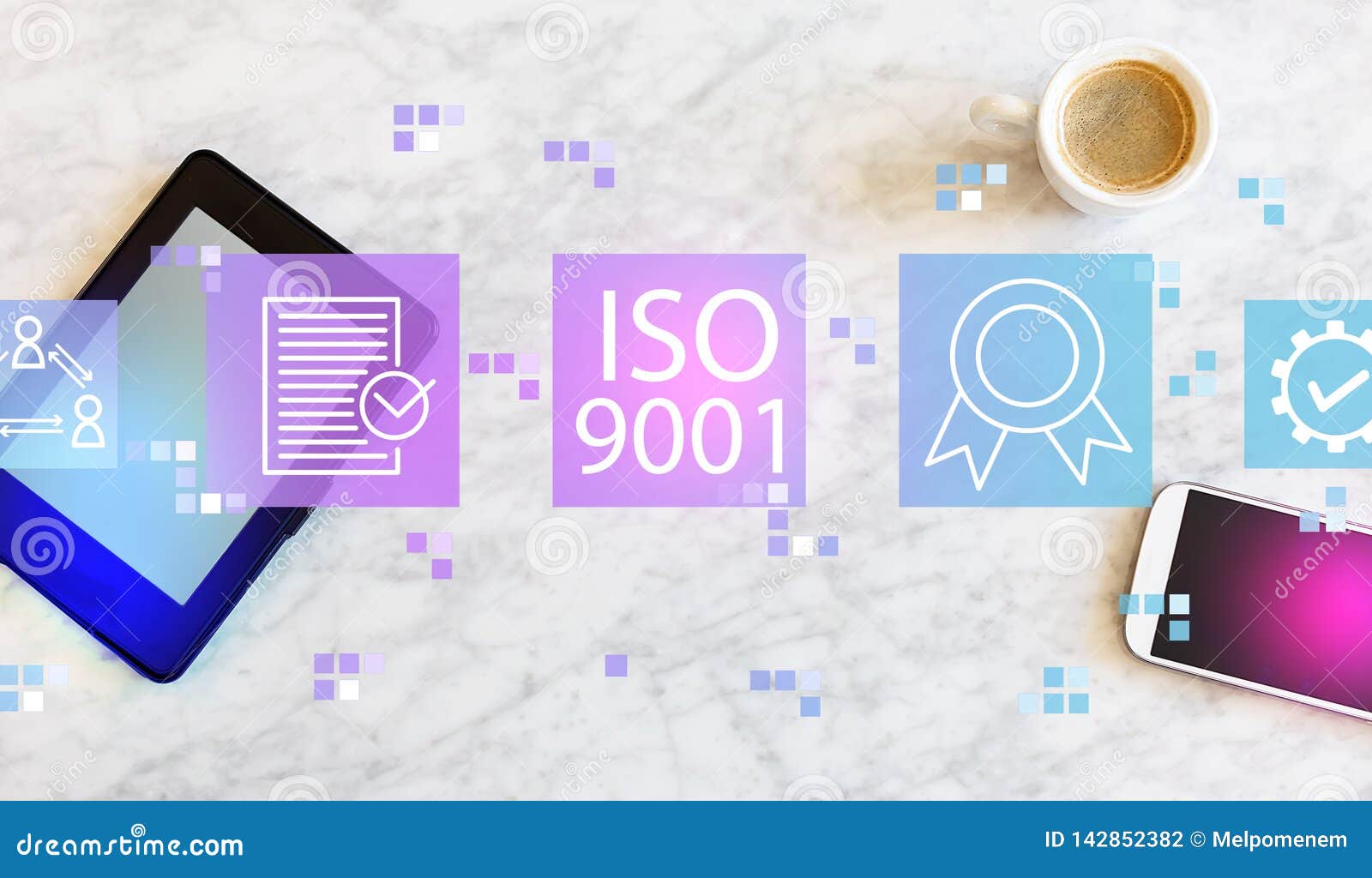 ISO 9001 with Tablet and Phone Stock Photo - Image of digital, square ...