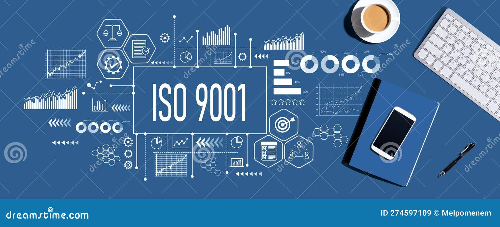 ISO 9001 Theme with Computer Keyboard and Office Items Stock Image ...