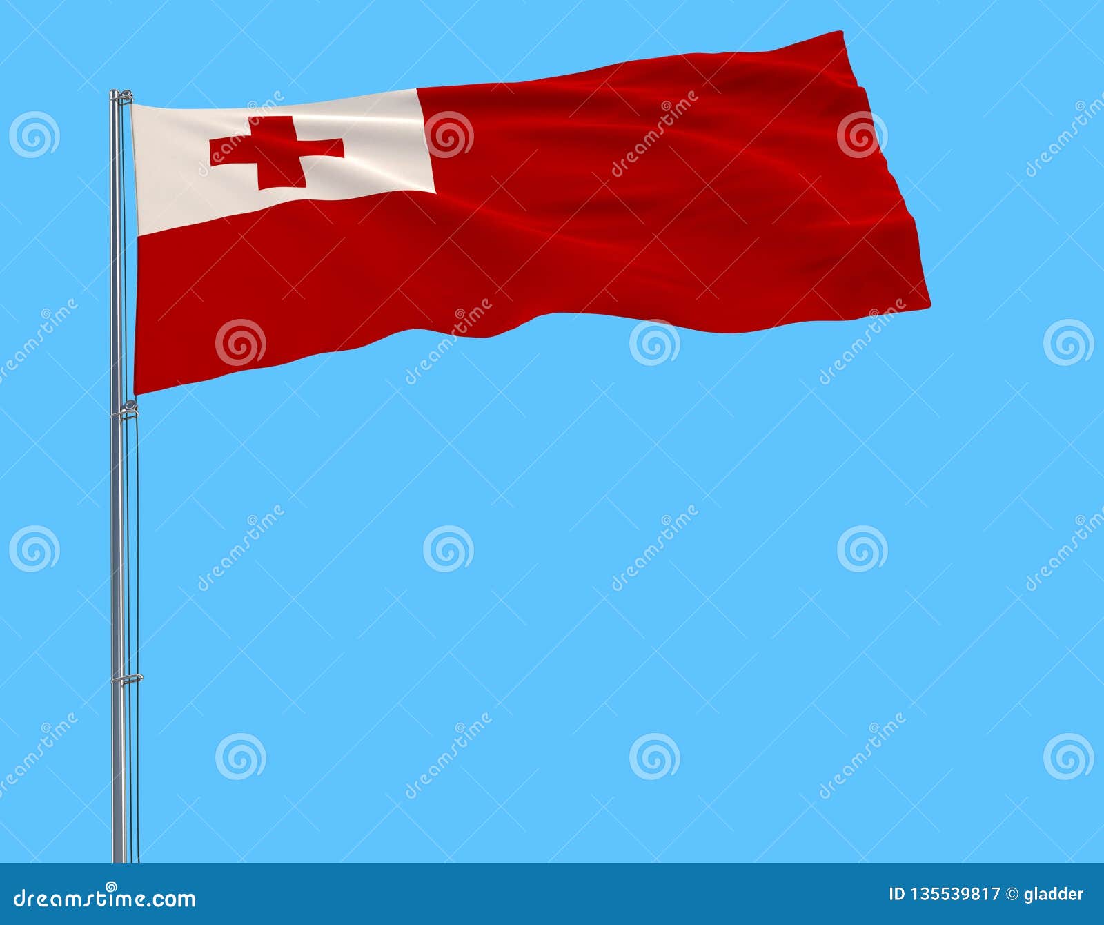 Isolate Flag of Tonga on a Flagpole Fluttering in the Wind on a Blue ...