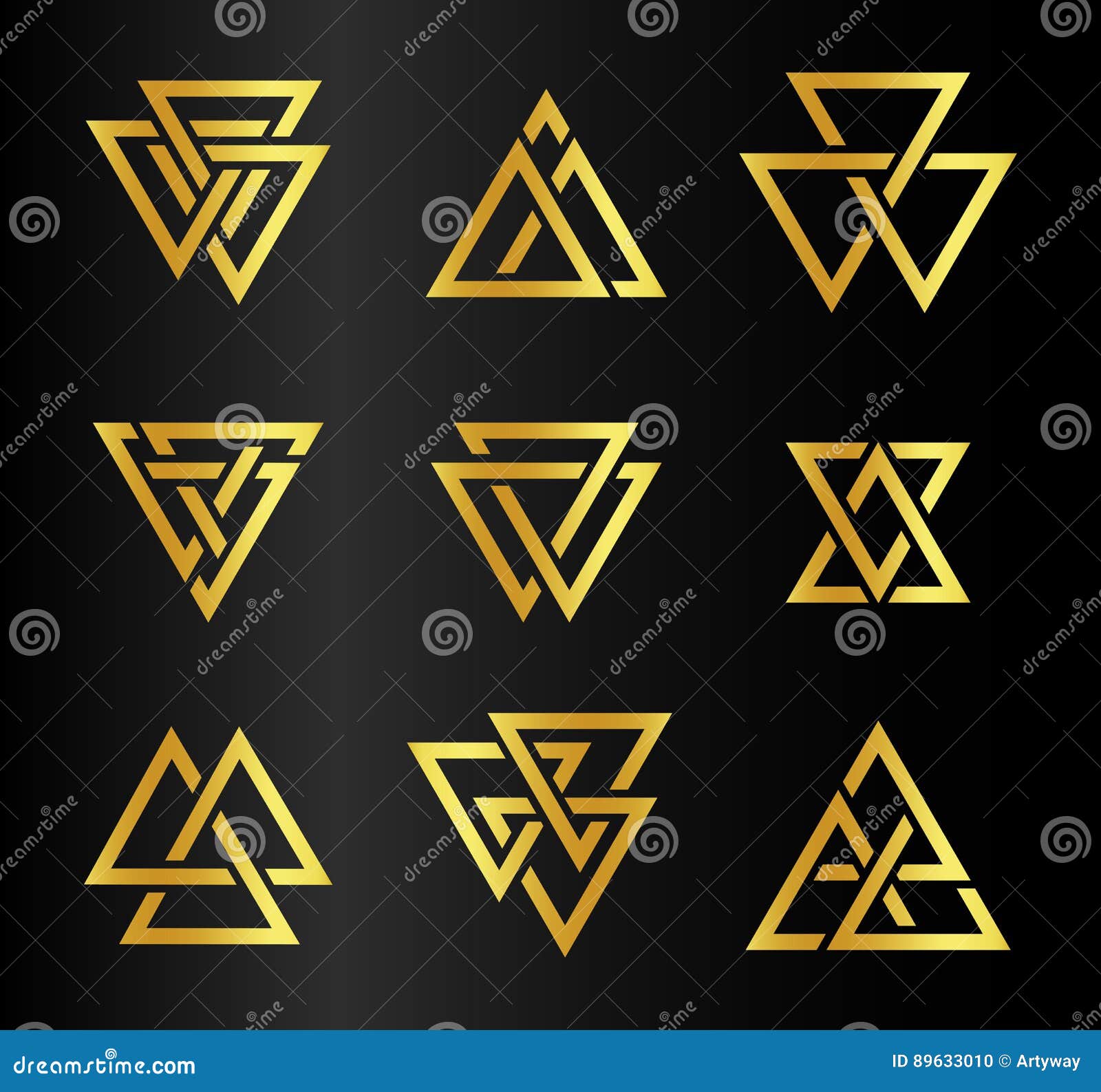 Isolated Abstract Golden Color Triangles Contour Logo Set on Black ...