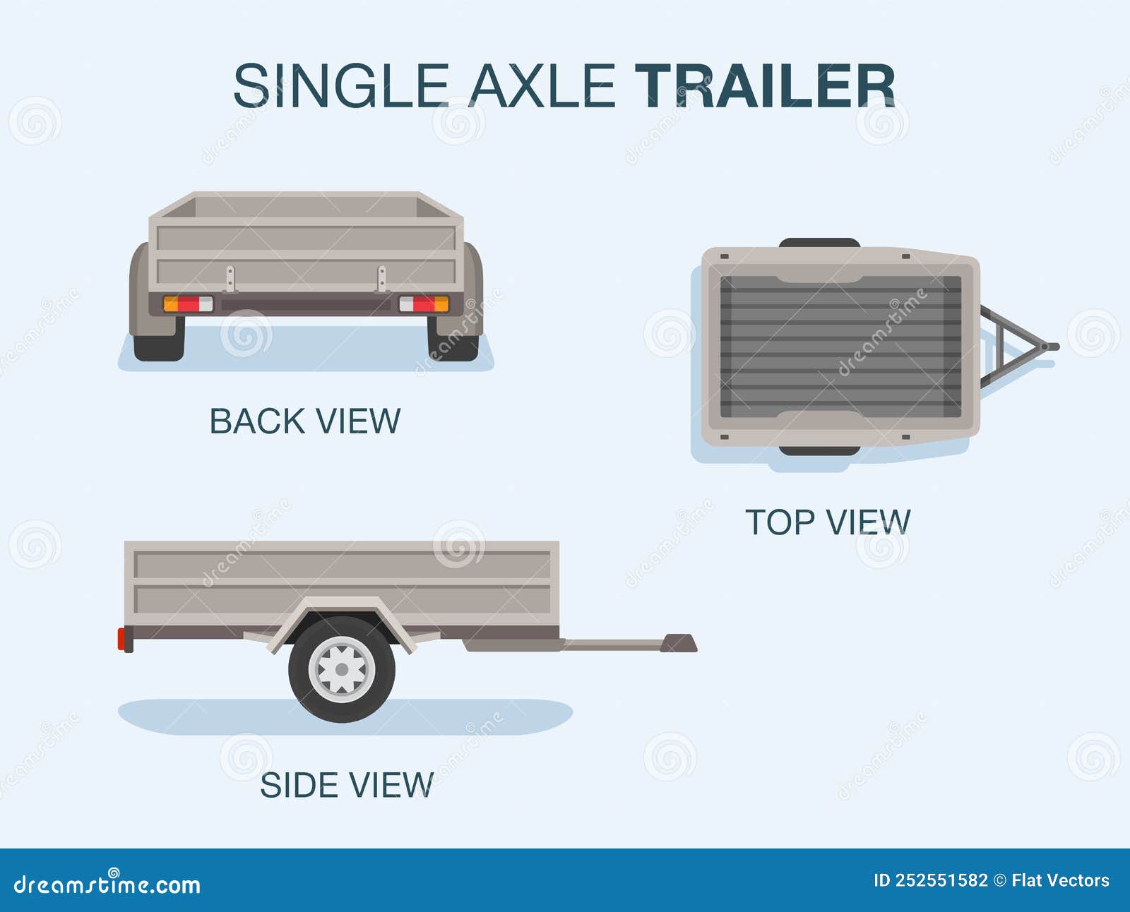 Isolated Back, Side And Back View Of A Single Axle Car Trailer Icon Set ...
