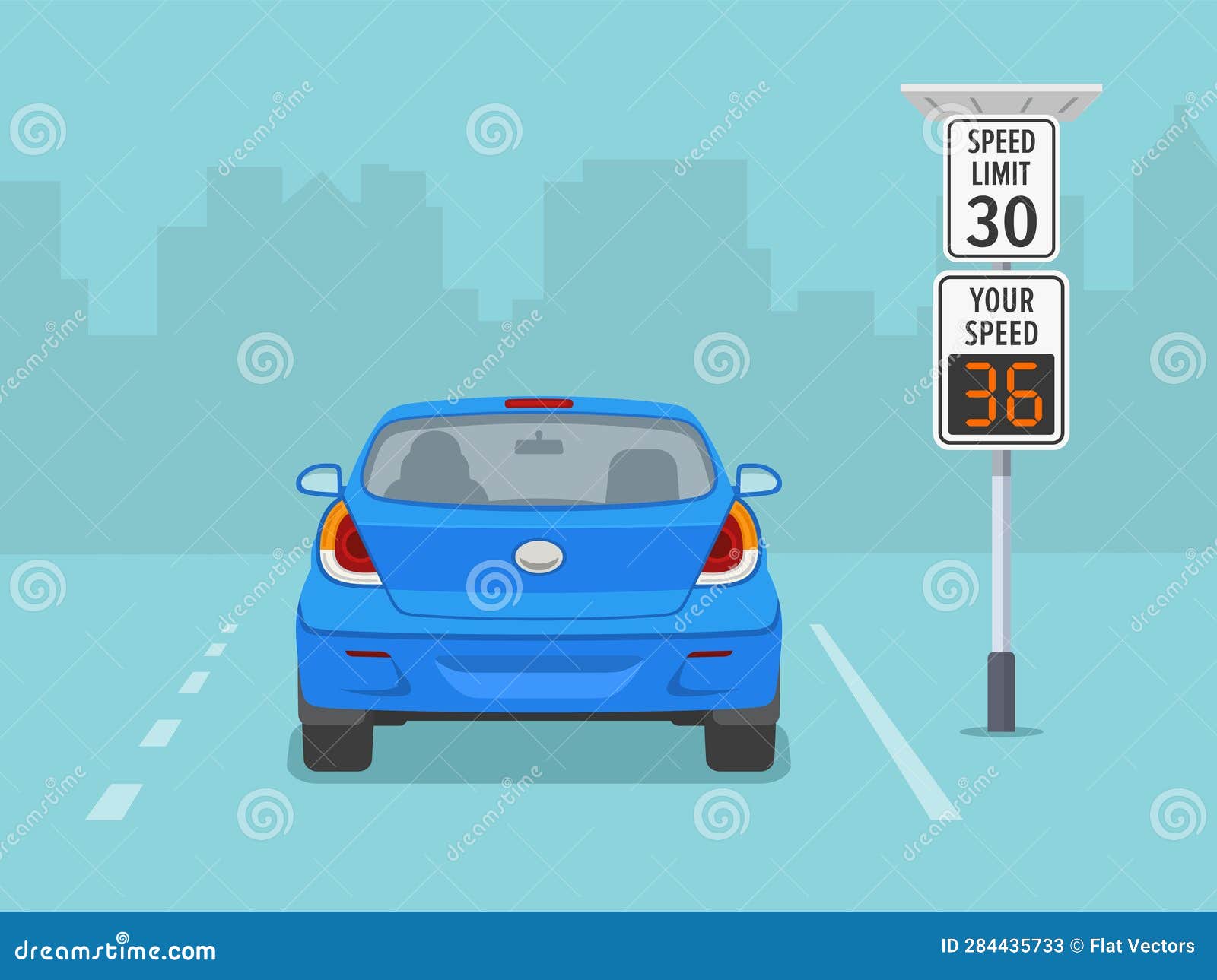 Isolated Back View of a Car on Road with Speed Limit and Radar Sign ...