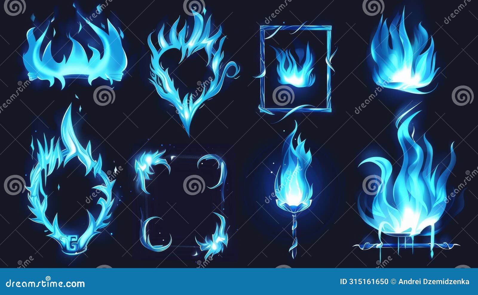 Isolated on Black Background, Blue Flame with Frames and Borders ...