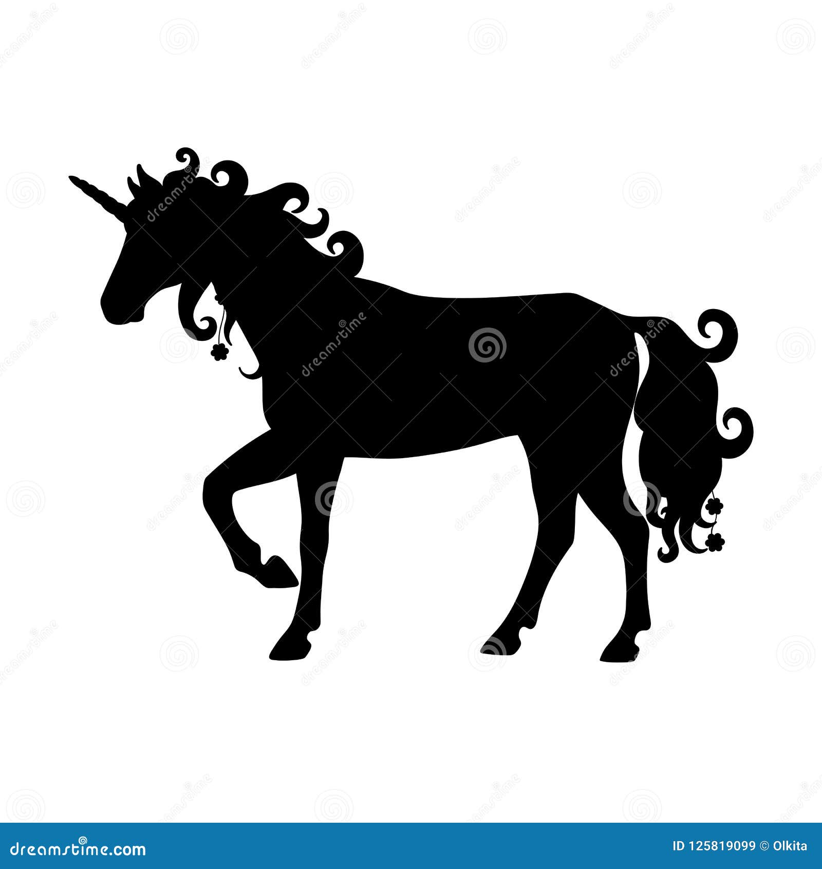 Isolated Black Silhouette of Standing Unicorn on White Background. Side ...