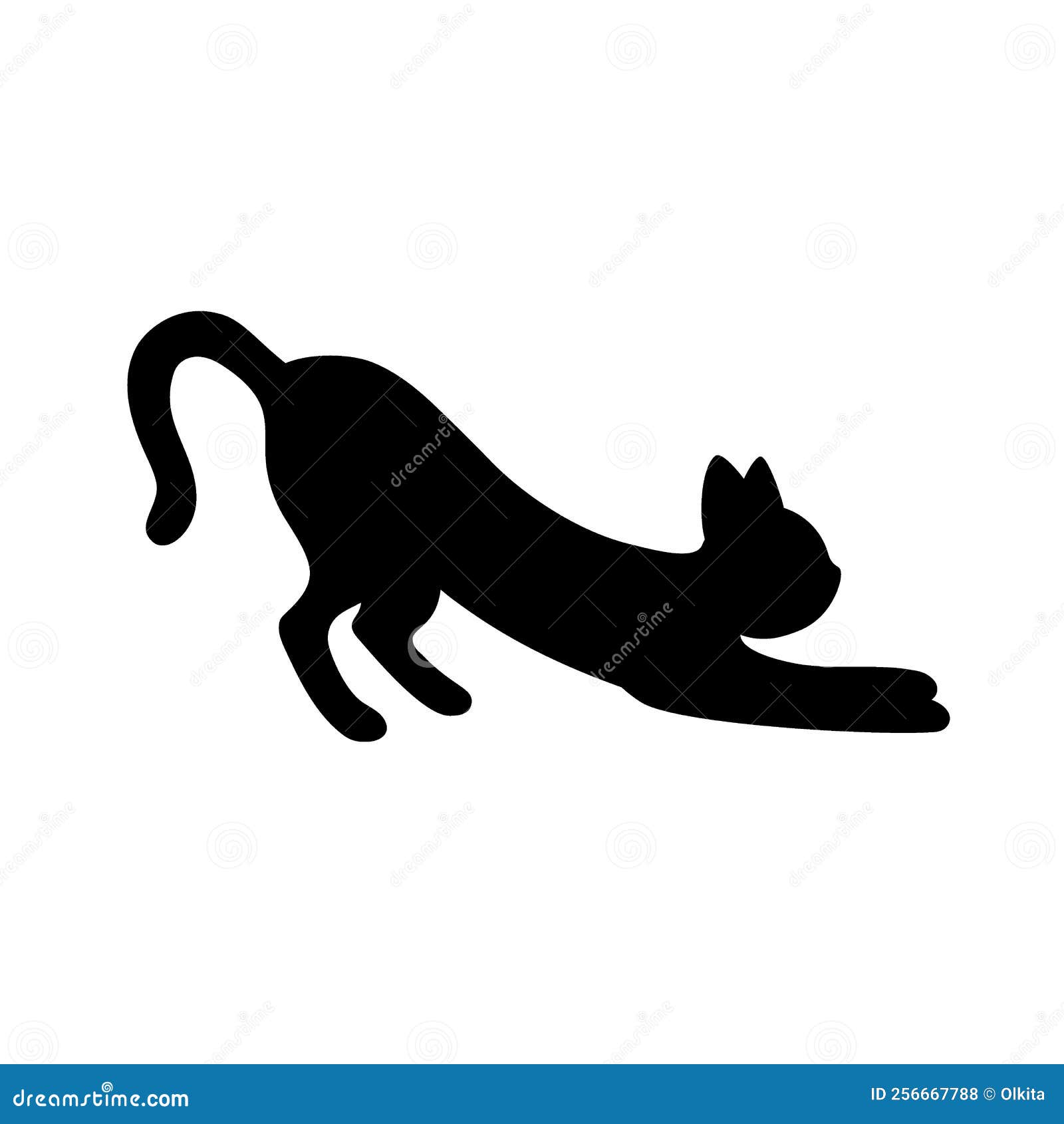 Isolated Black Silhouette of Stretching Cat on White Background. Flat ...