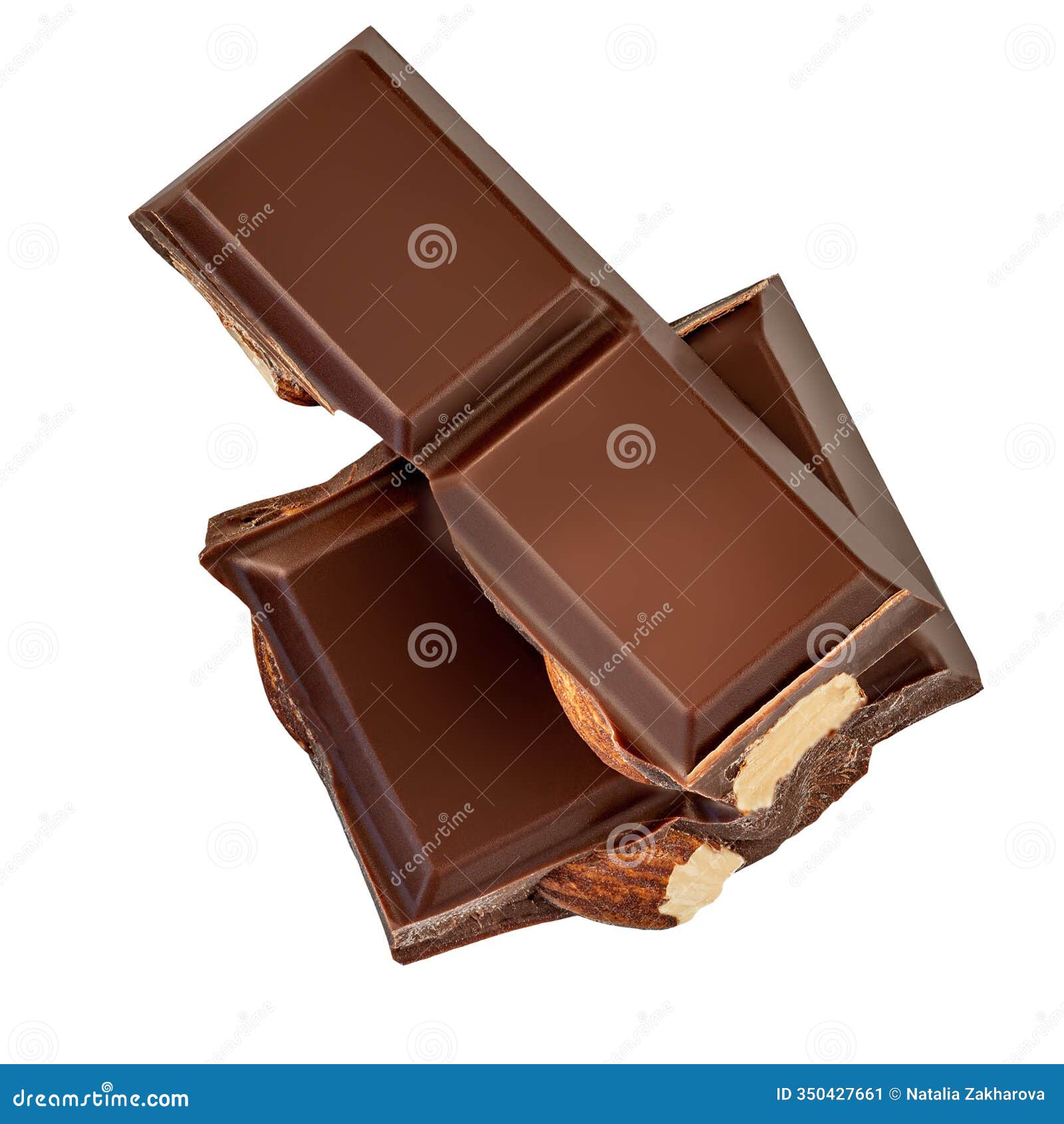 Isolated Chocolate Bar Pieces Falling on White Background. Milk Chocolate with Almonds Nuts ...