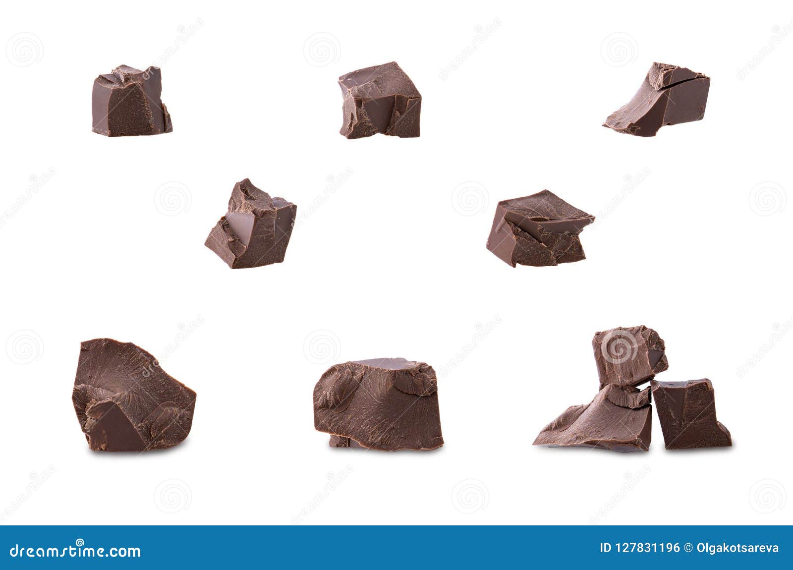 Dark Broken Chocolate Pieces Set Isolated on White Background Stock ...