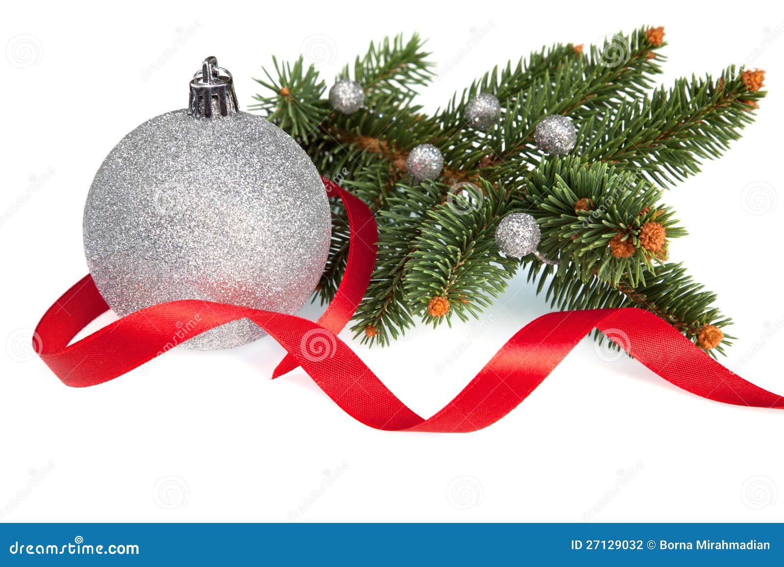 Isolated Christmas Ball with Ribbon and Pine Stock Photo - Image of ...