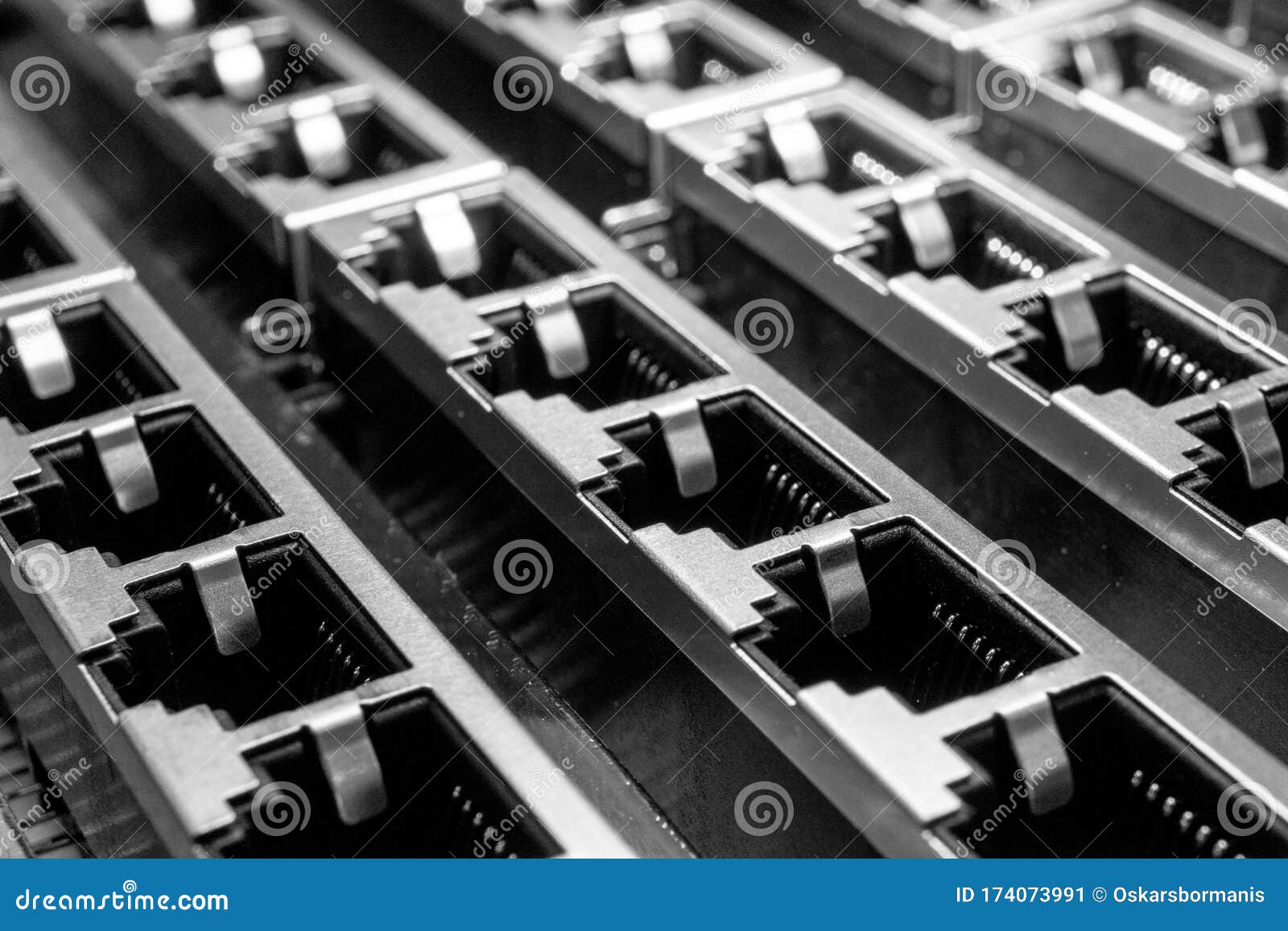 Isolated Close Up Closely Aligned Multiple through Hole Rj45 Ethernet ...