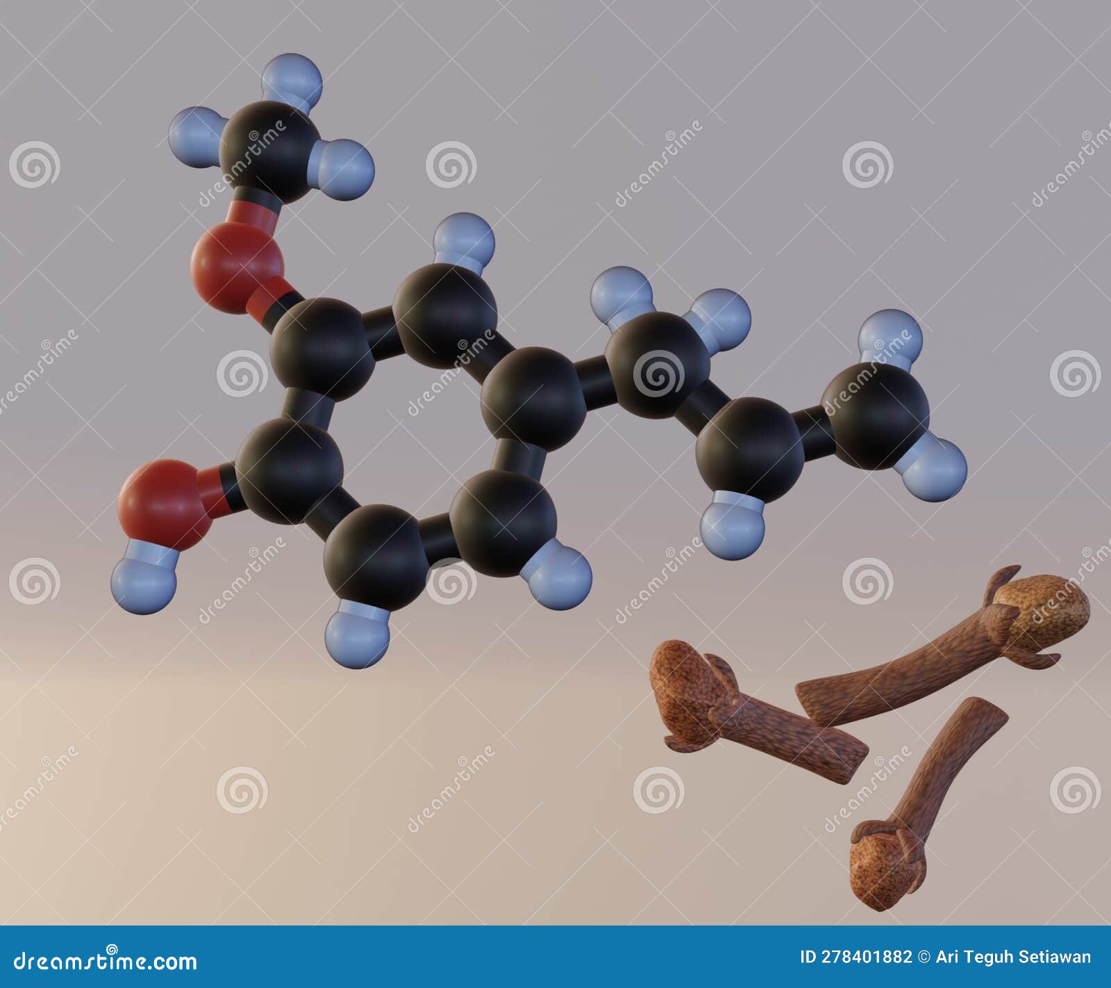 Isolated Clove Buds and Eugenol Molecule in the Black Background Stock ...