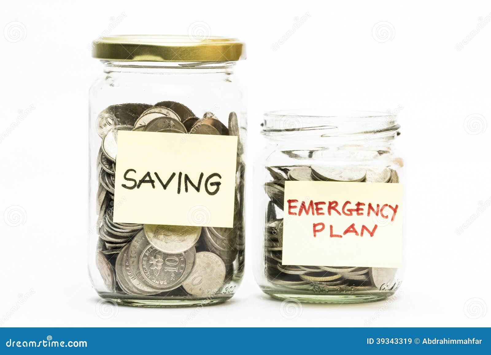 Isolated Coins in Jar with Emergency Plan and Saving Label. Stock Image ...