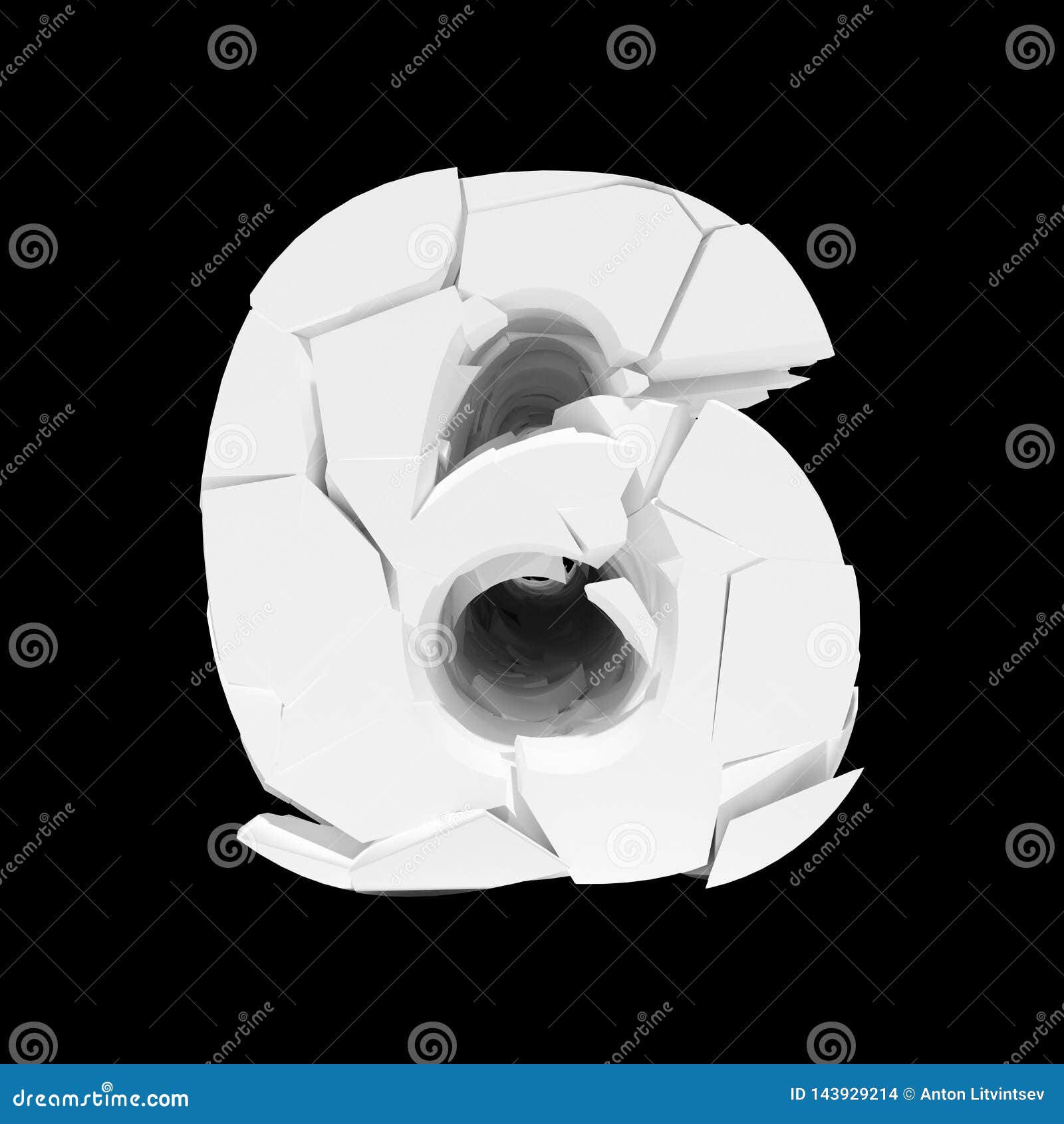 Isolated Cracked Number 6 on a Black Background. 3D Render. Stock ...