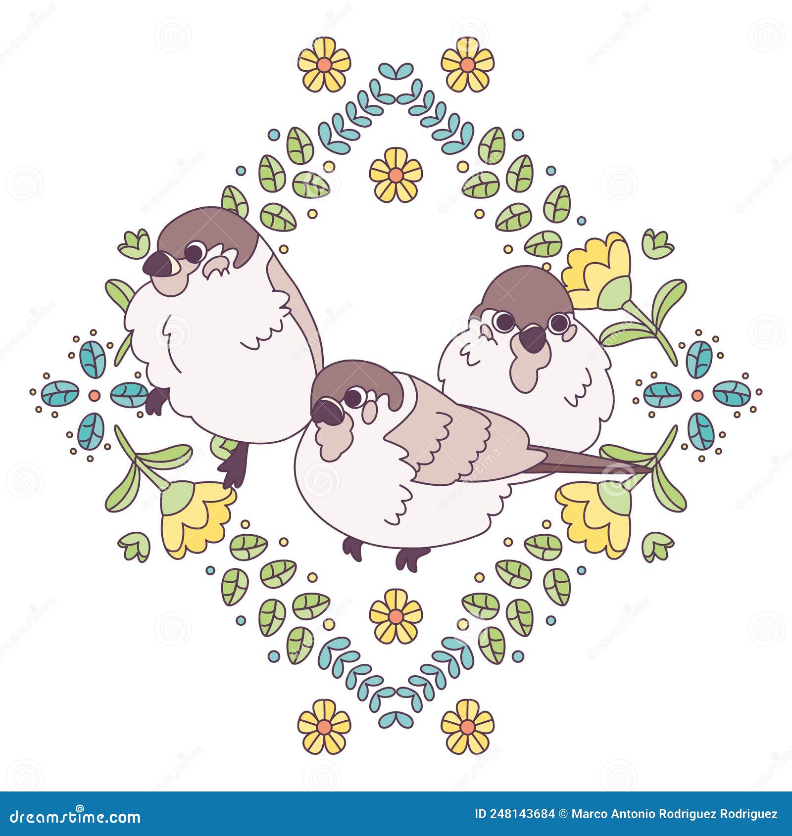Isolated Cute Birds in a Floral Frame Vector Stock Vector ...