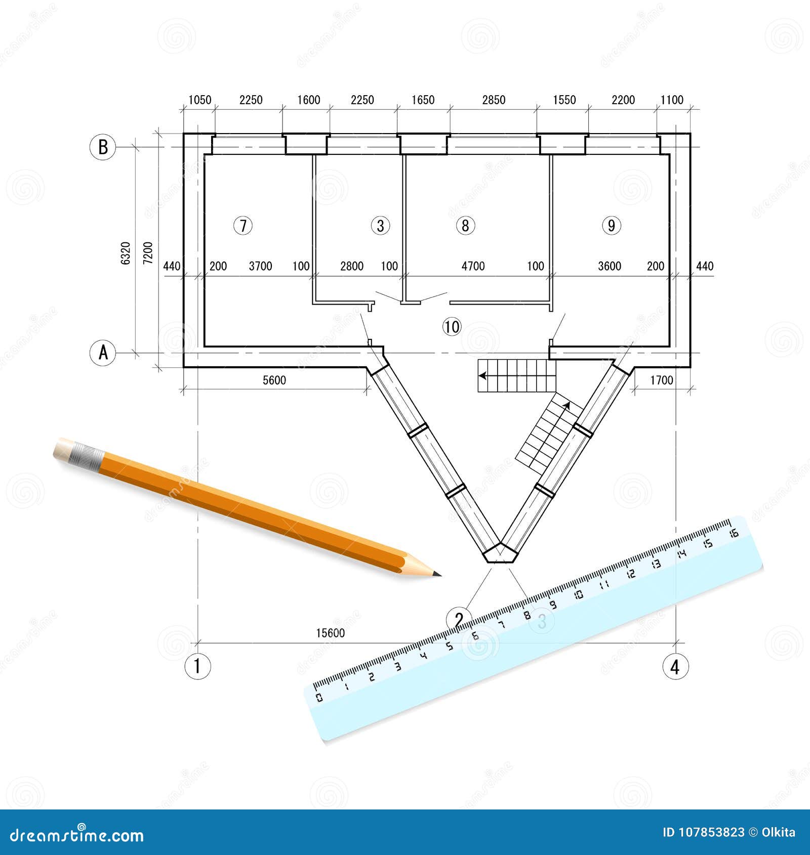 Isolated Design for a Building with Ruler and Pencil on White ...